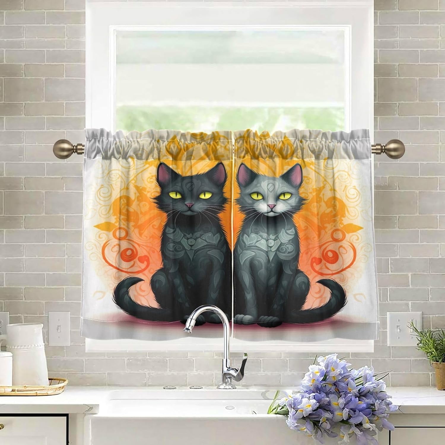 FREEAMG Two Cats Half Window Tier Curtains 36 Inch Blackout Thermal ...