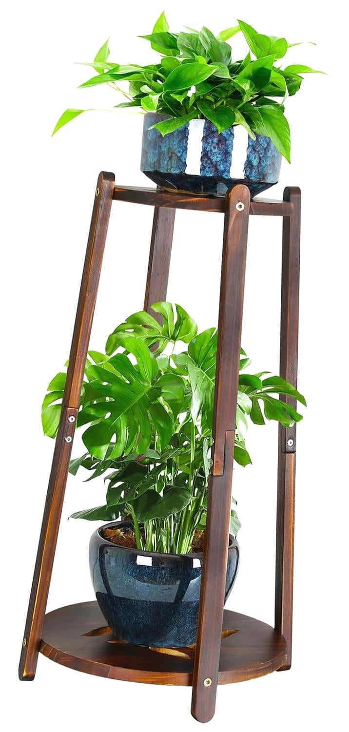 FREEAMG Two- Circular Plant Stand for Indoors, Single Wooden Plant ...