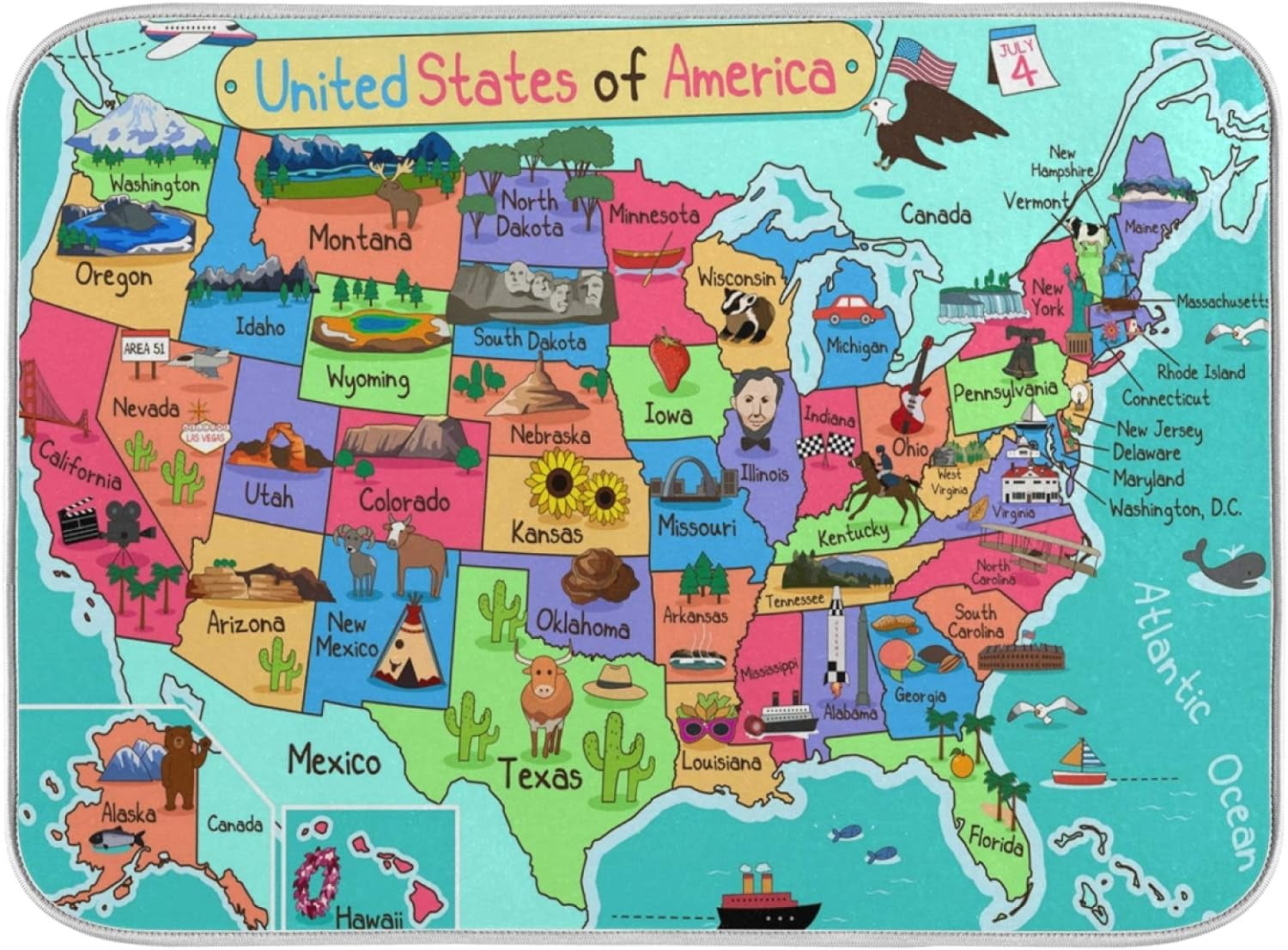 FREEAMG USA Map Cartoon Style Absorbent Dish Drying Mat, 16 Inch x 18 ...