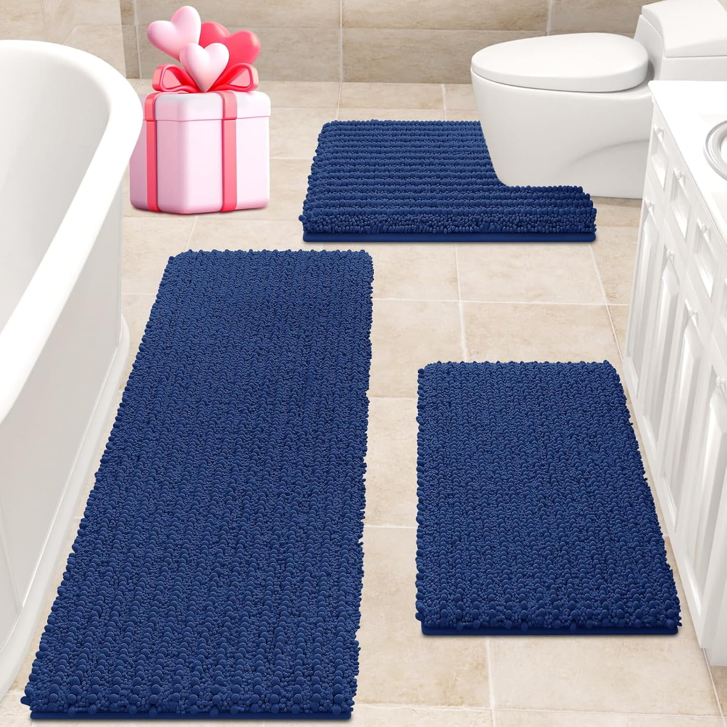 FREEAMG Upgrade Extra Large Blue Bathroom Rug Set 3 Pieces Ultra Soft ...