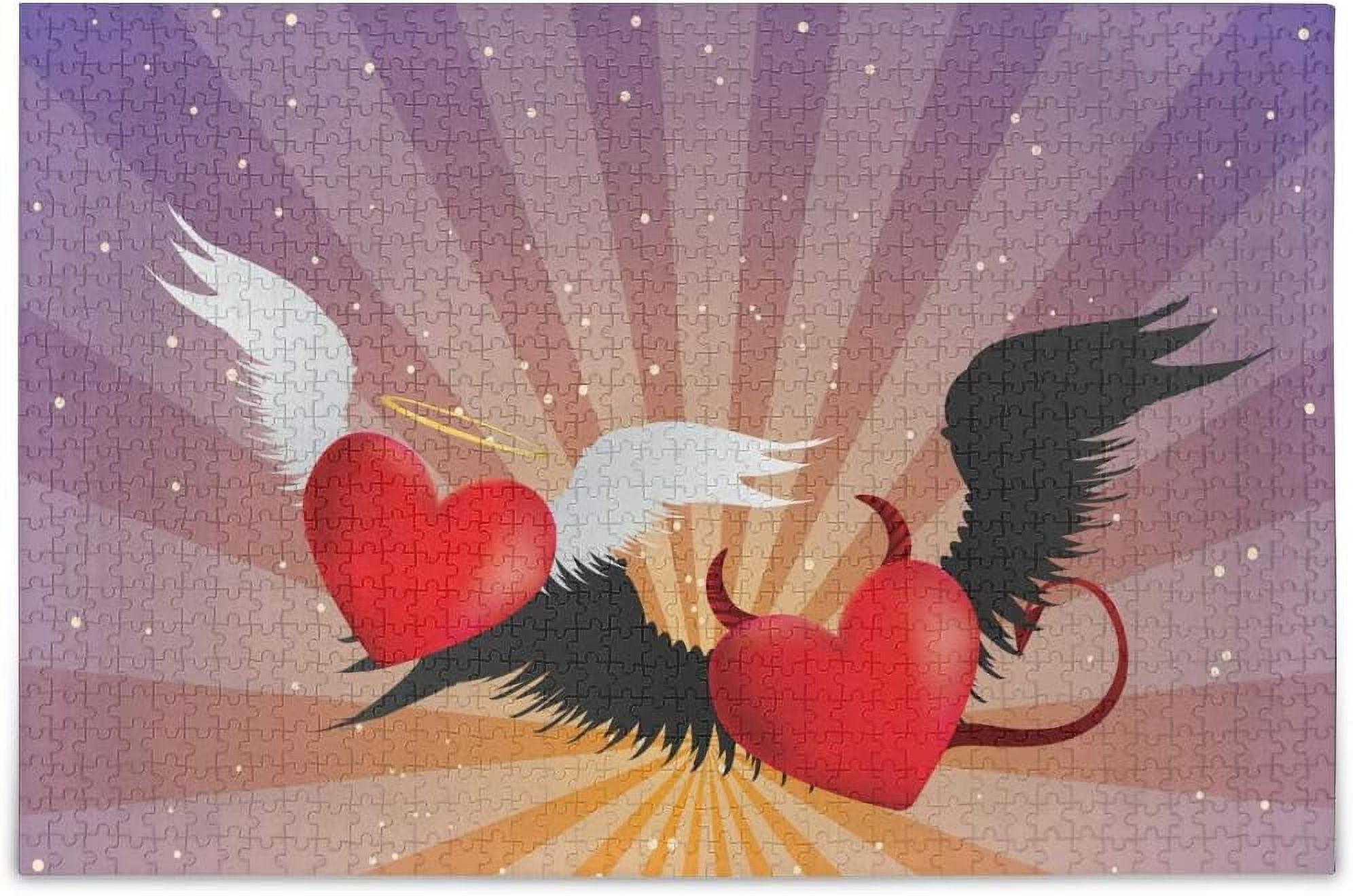 FREEAMG Valentine Red Heart in Angel Devil Wings On Shine Rays Jigsaw ...