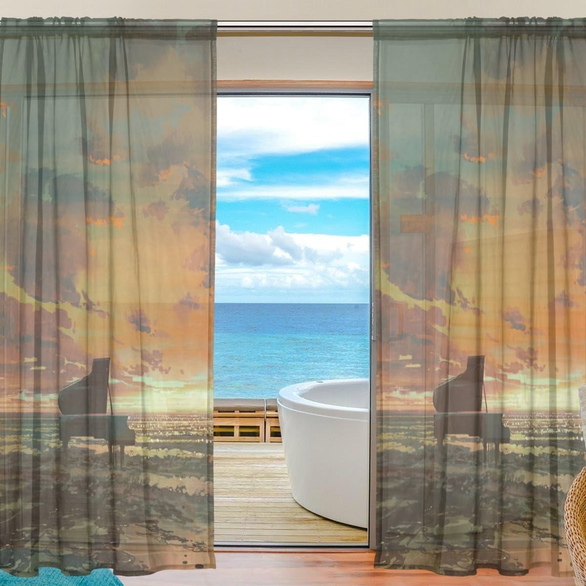 FREEAMG Vintage Art Piano Sheer Window Curtain Panel Drape 55x84 Inch ...