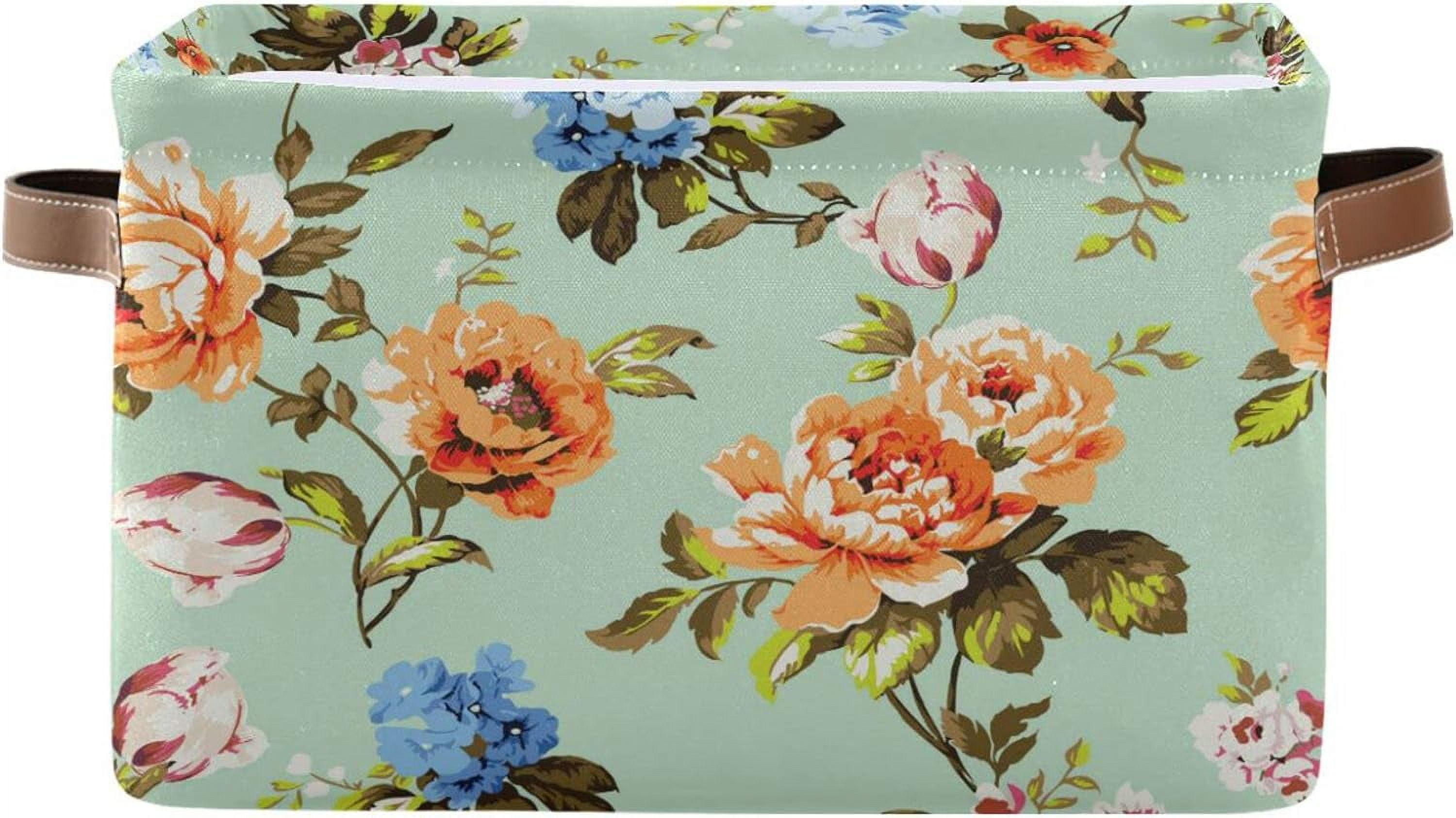 FREEAMG Vintage Flower Large Square Storage Basket Bin with Handles ...