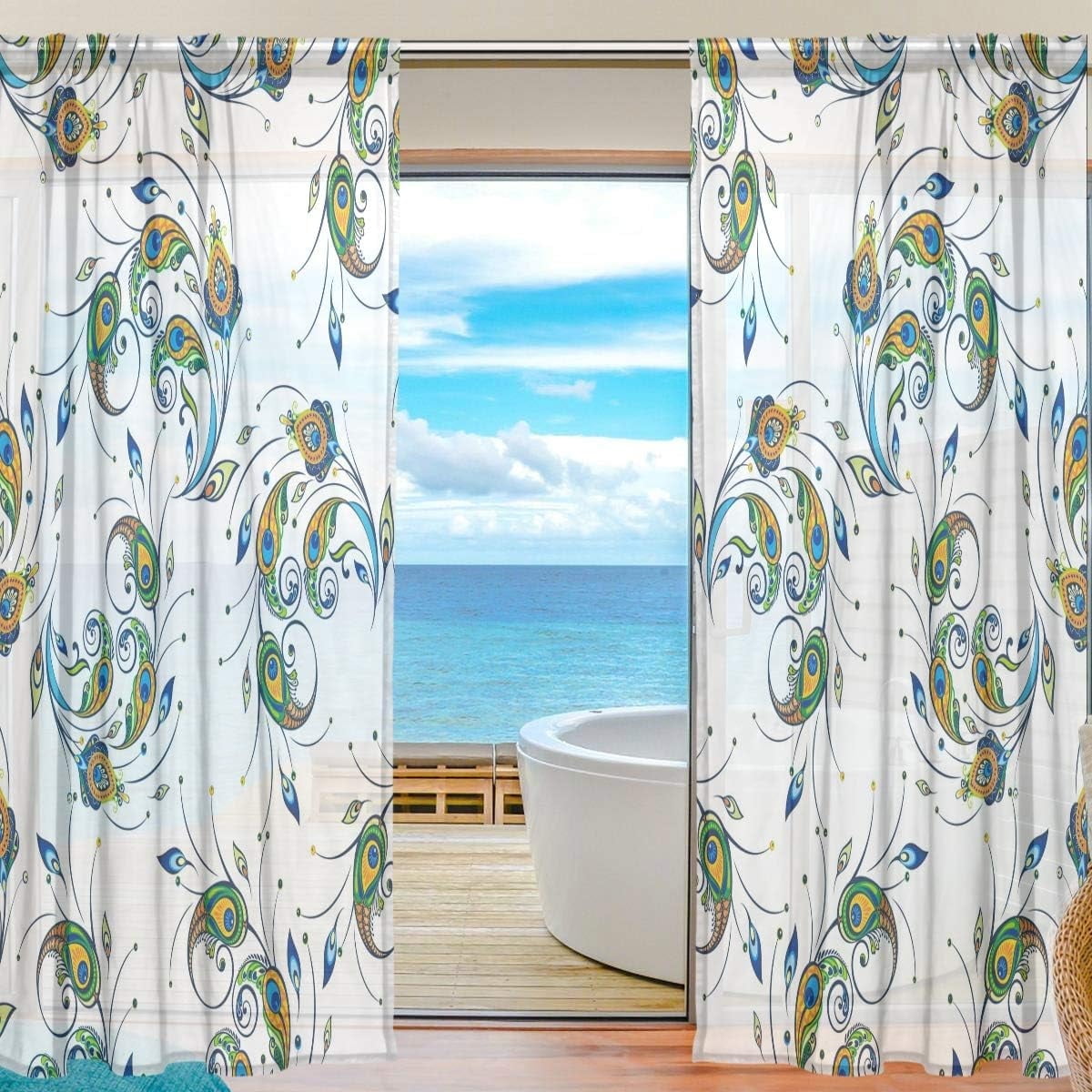 FREEAMG Vintage Gold Peacock Feathers Sheer Curtains Window Voile ...