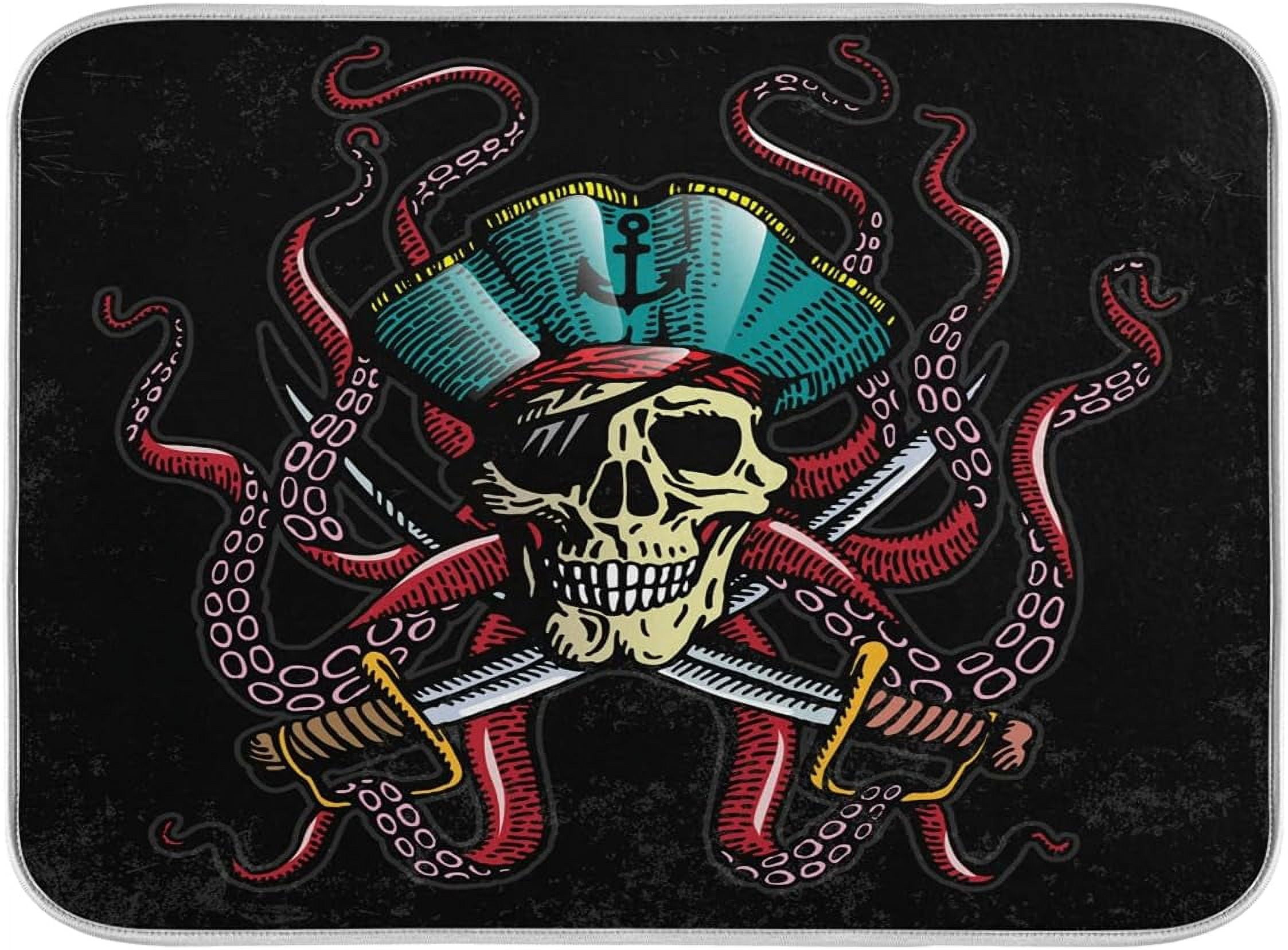 FREEAMG Vintage Pirate Skull Octopus Dish Drying Mat,16 x 18 Inches Microfiber Kitchen ...