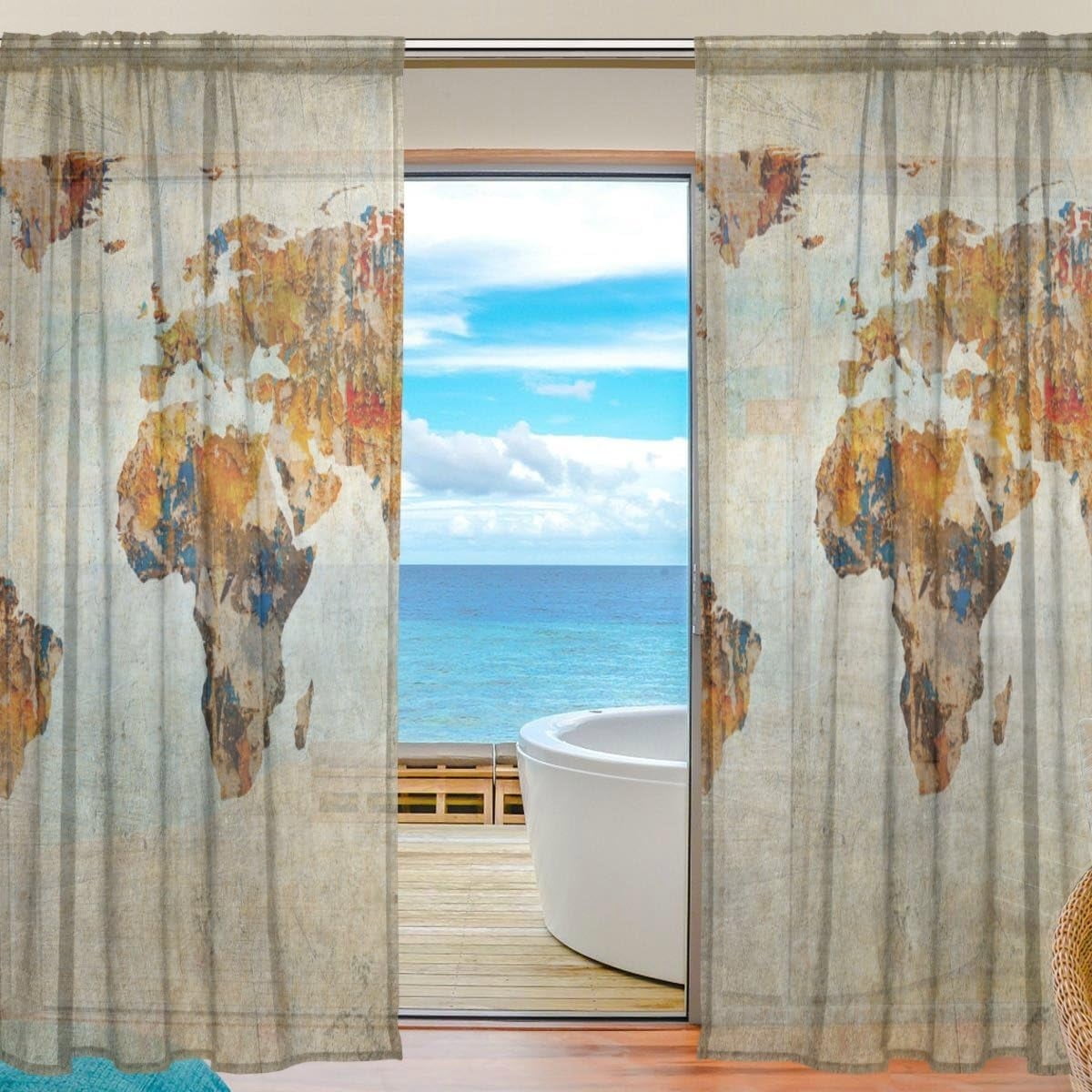 FREEAMG Vintage World Map Sheer Window Curtain Panel Drape 55x84 Inch ...