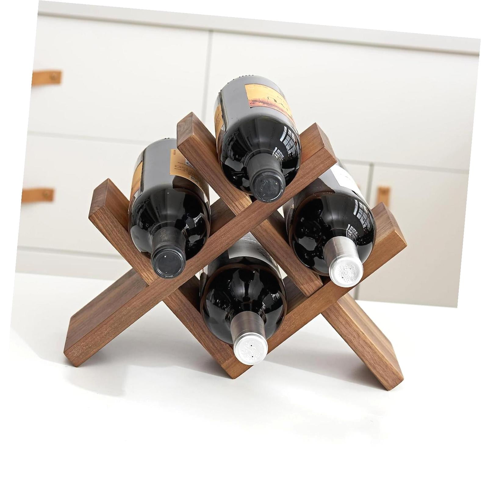 FREEAMG Walnut Wood Countertop Storage Rack, 4-Bottle Freestanding ...
