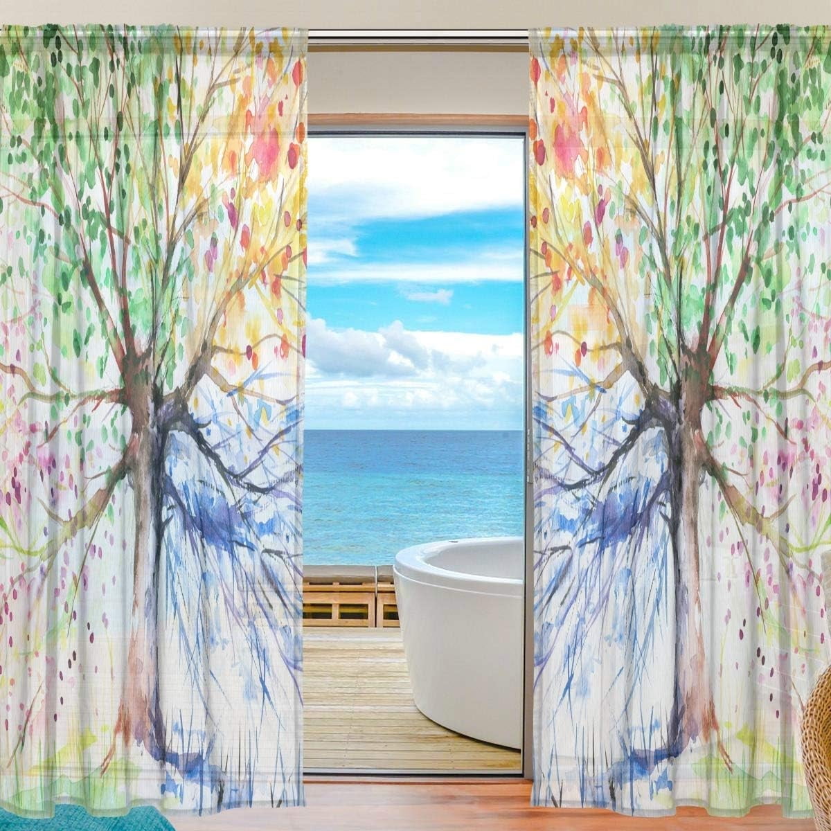 FREEAMG Watercolor Beautiful Colorful Art Tree Sheer Curtains Window ...