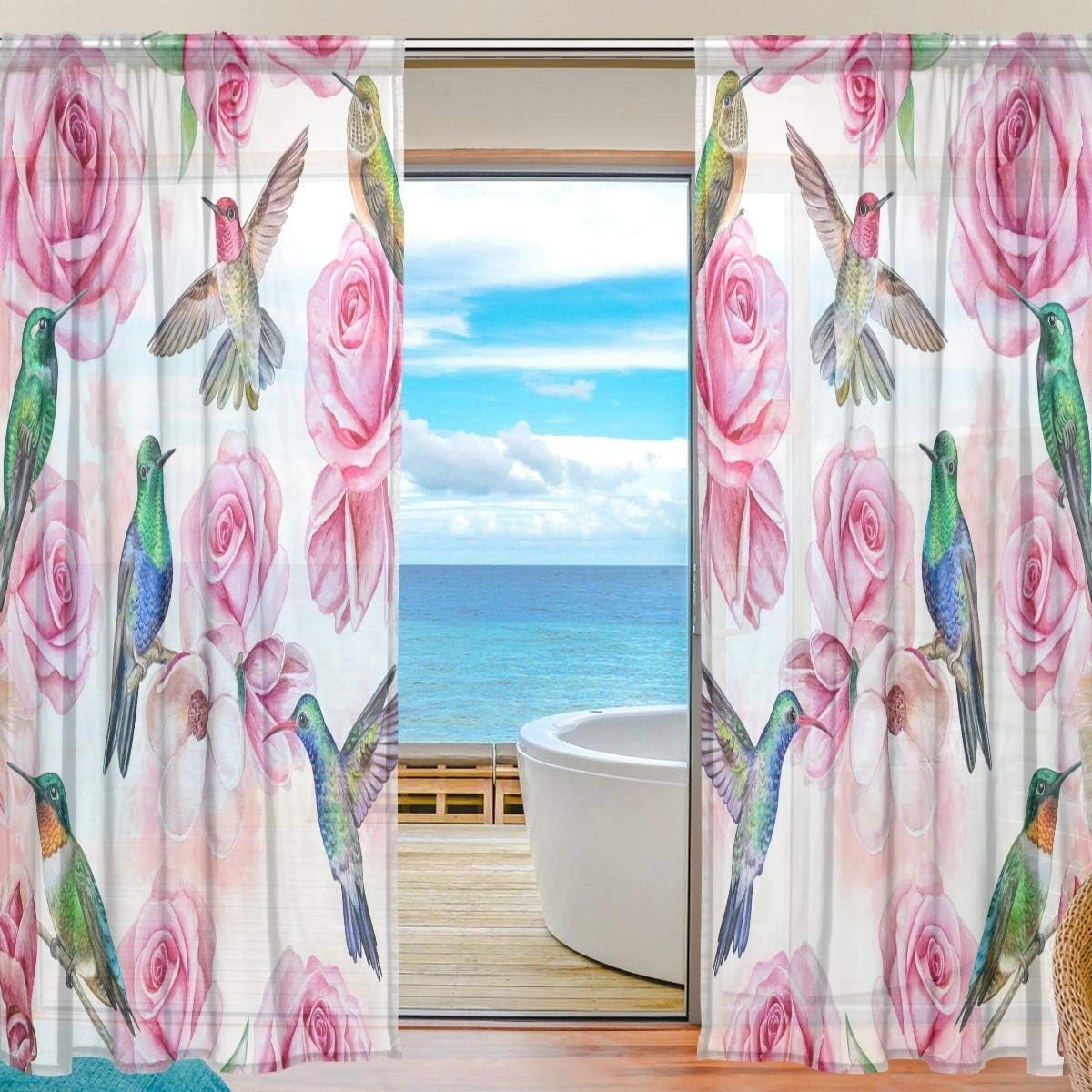 FREEAMG Watercolor Beautiful Roses Floral Hummingbird Sheer Curtains ...