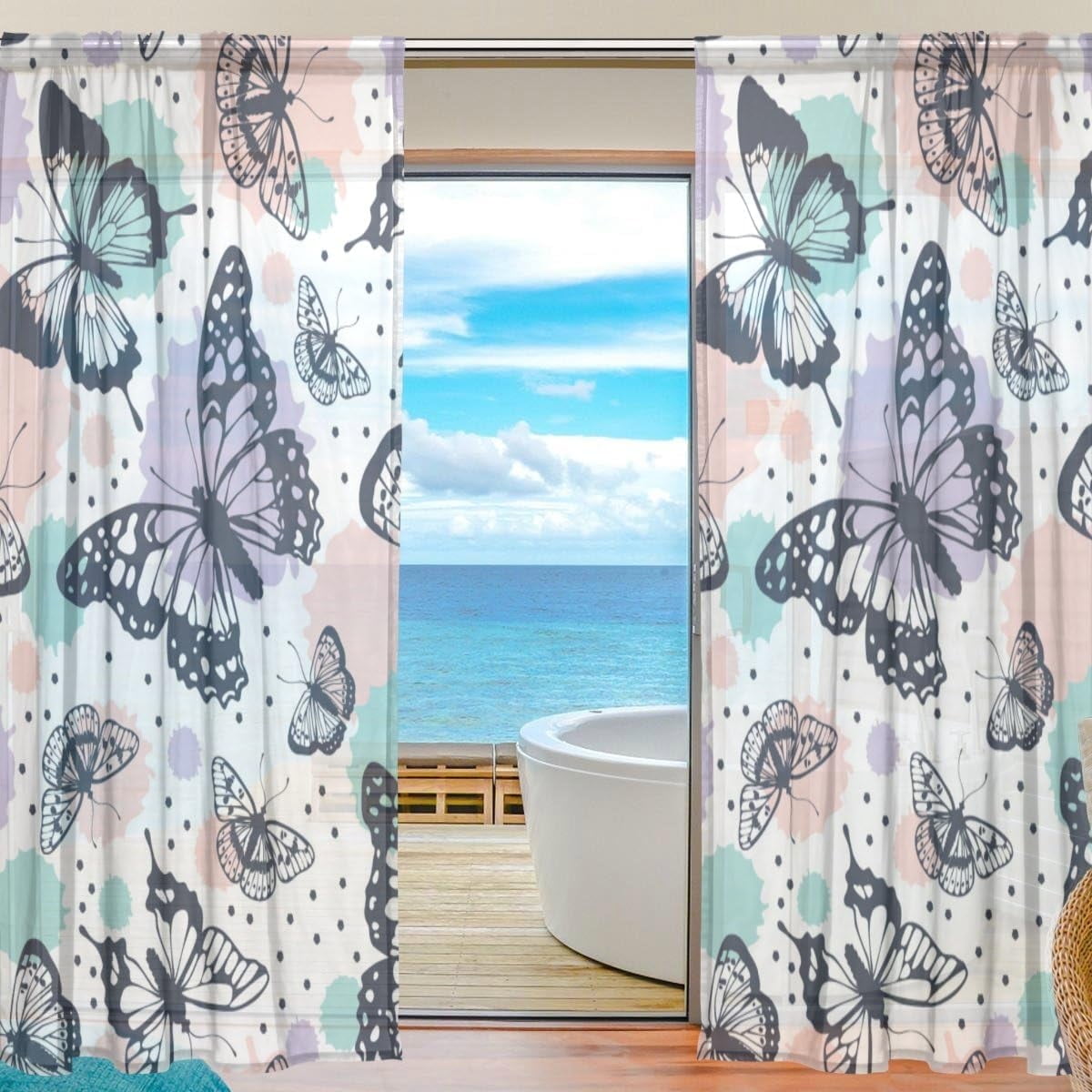 FREEAMG Watercolor Butterfly Sheer Window Curtain Panel Drape 55x84 ...