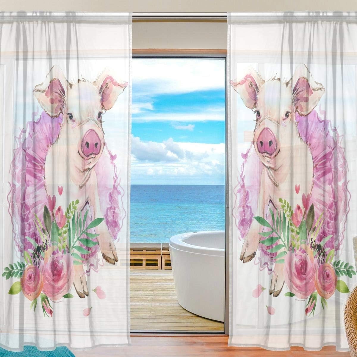 FREEAMG Watercolor Flower Cute Pig Sheer Curtains Window Voile Panels ...