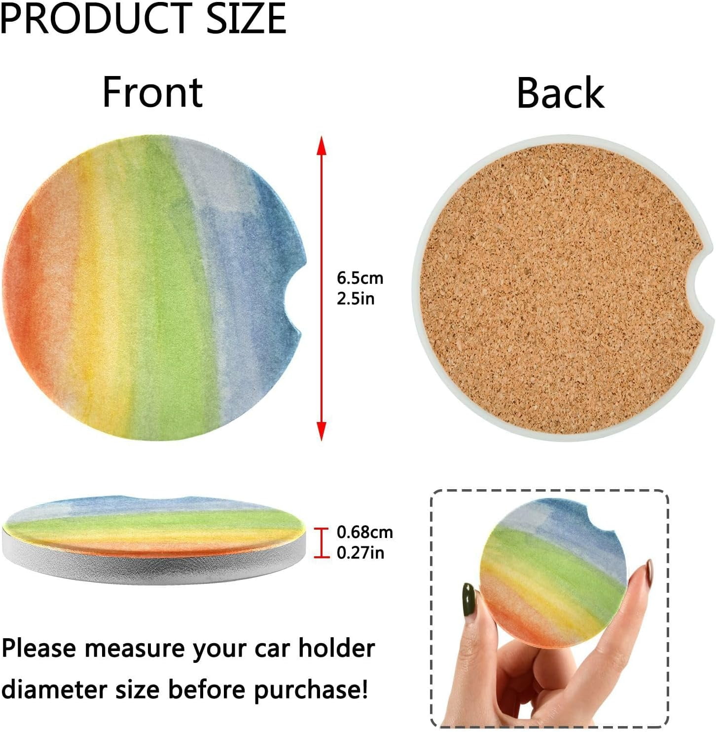 FREEAMG Watercolor Rainbow Car Coasters 2 PCS Drinks Absorbent Ceramic ...