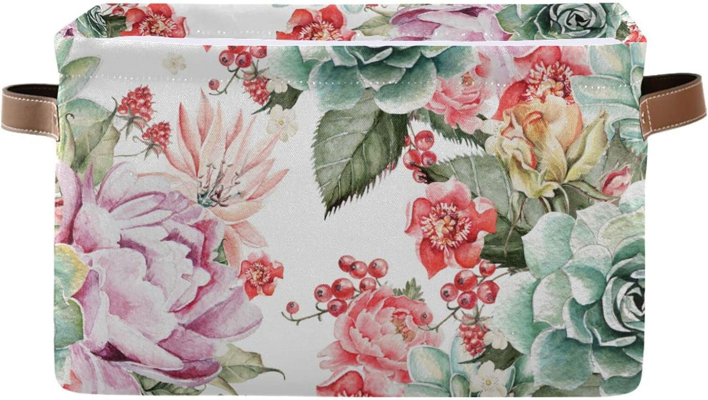 FREEAMG Watercolor Rose Storage Basket with Handles Collapsible Storage ...