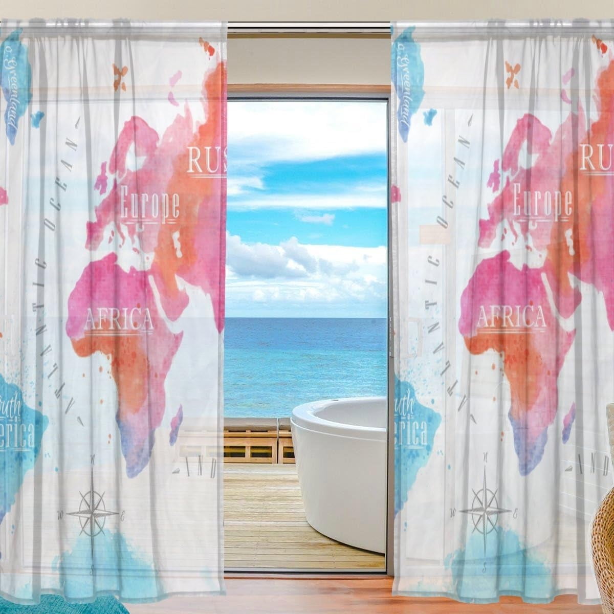 FREEAMG Watercolor World Map Sheer Window Curtain Panel Drape 55x78 ...