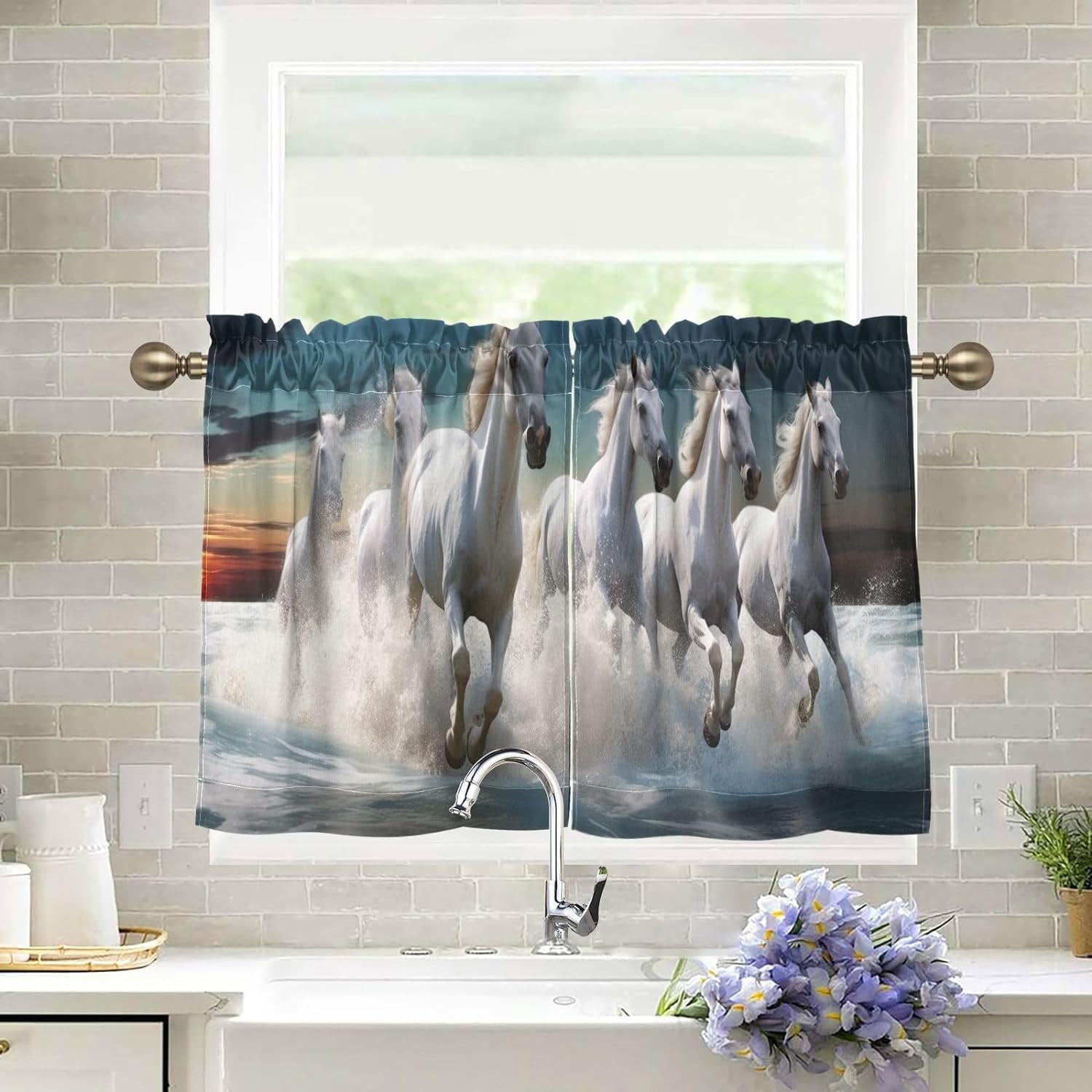 FREEAMG White Horse Half Window Tier Curtains 36 Inch Blackout Thermal Insulating Kitchen Linen ...