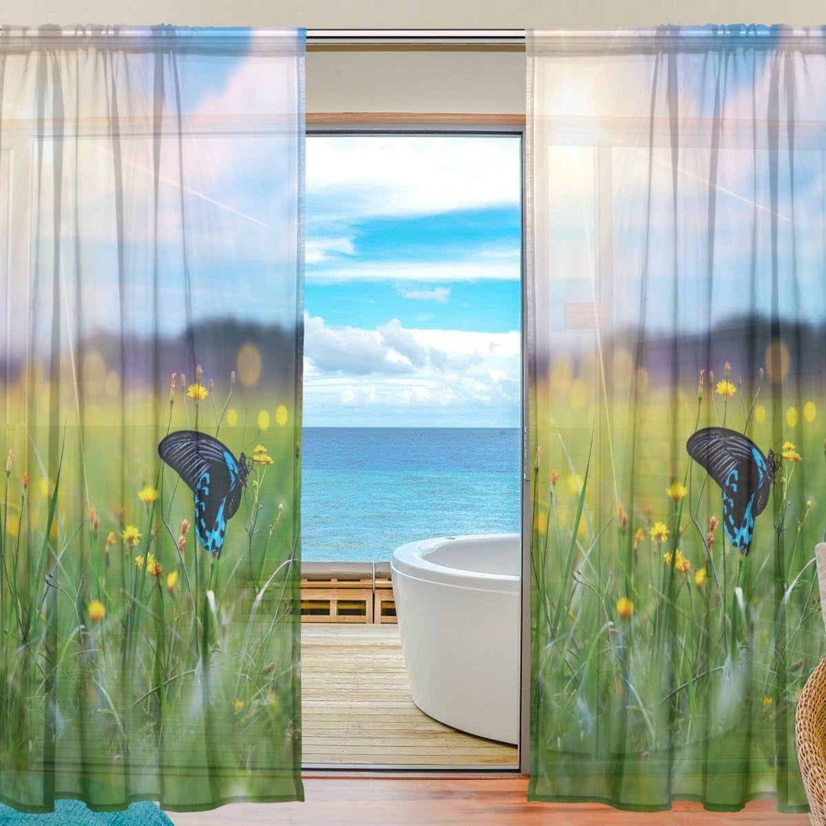 FREEAMG Wild Butterfly Sheer Window Curtain Panel Drape 55x84 Inch for ...