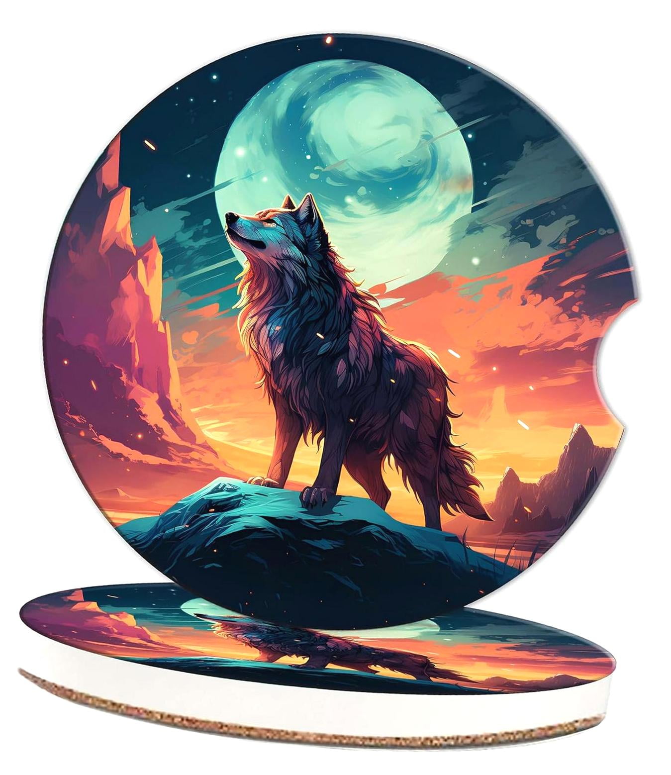 FREEAMG Wolf Howling at Moon Car Coasters, 2-Piece Set for Cup Holders ...
