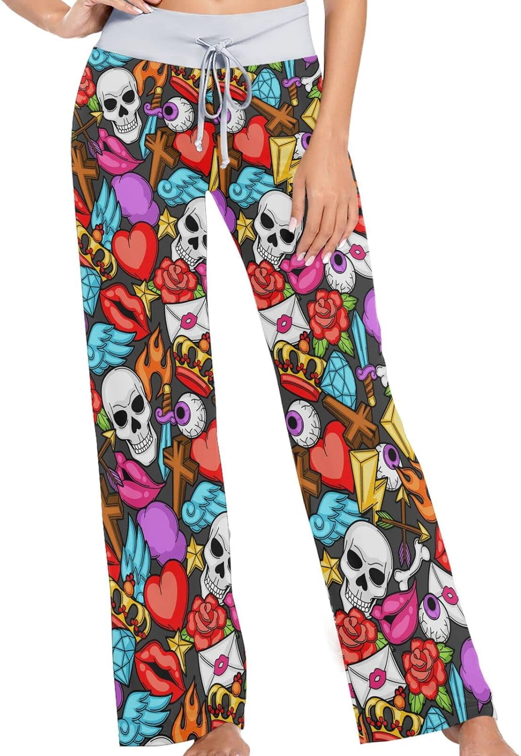 FREEAMG Womens Retro Tattoo Skulls Soft Wide Leg Lounge Pajama Pant ...