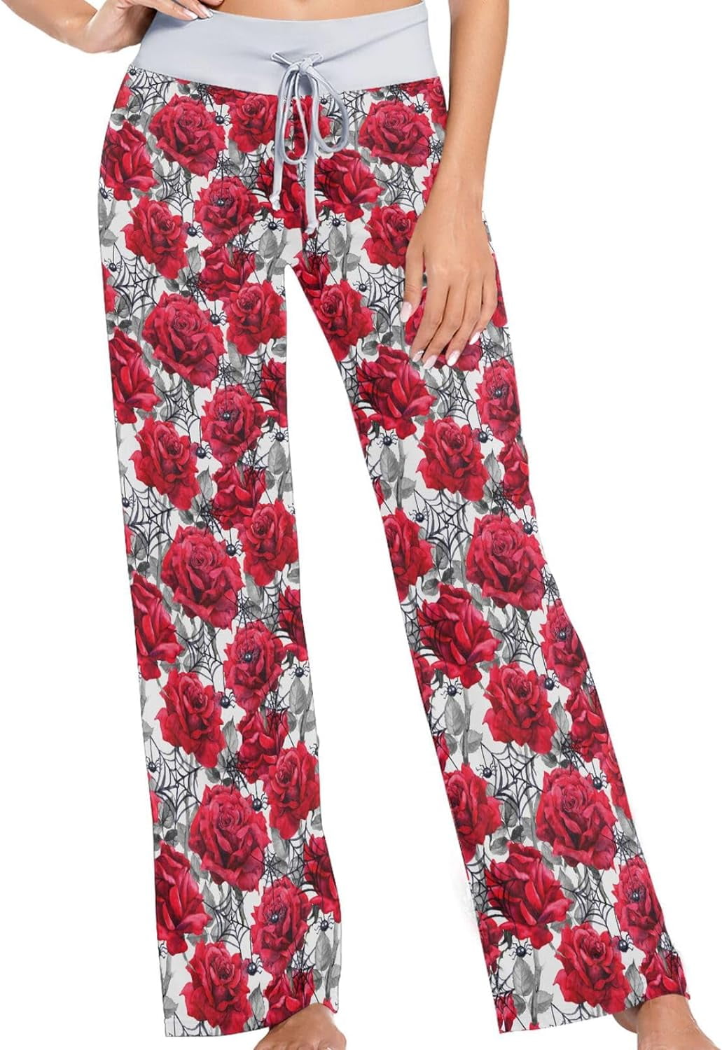 FREEAMG Womens Stylish Red Roses Black Spiders Web Soft Lounge Pajama ...