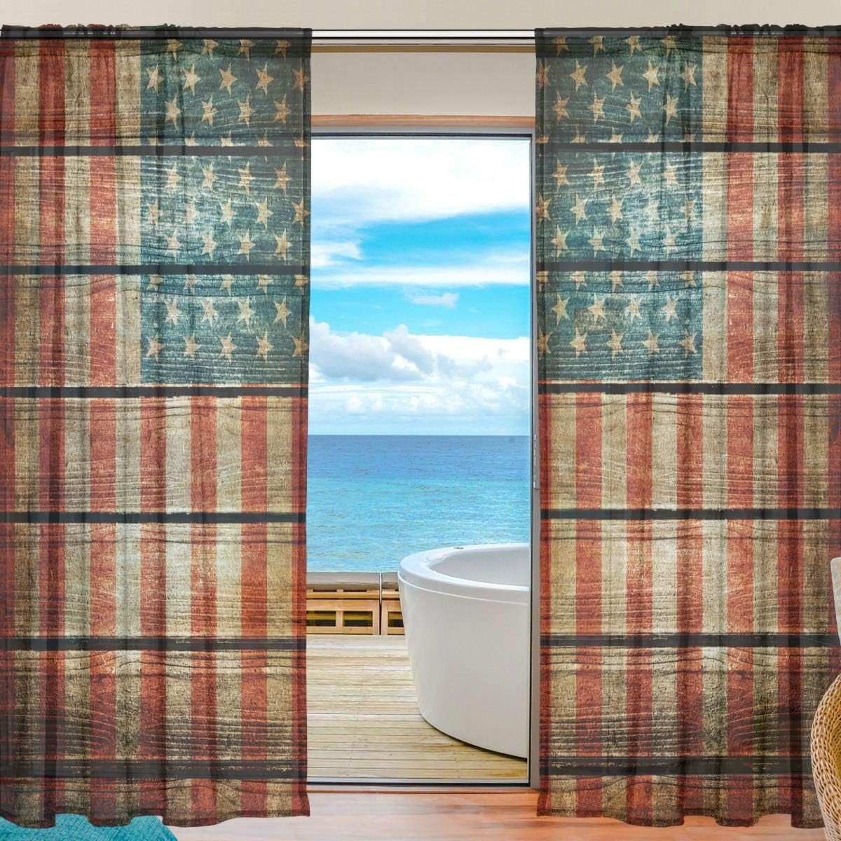 FREEAMG Wood Vintage USA Flag Sheer Curtains Window Voile Panels Drapes ...