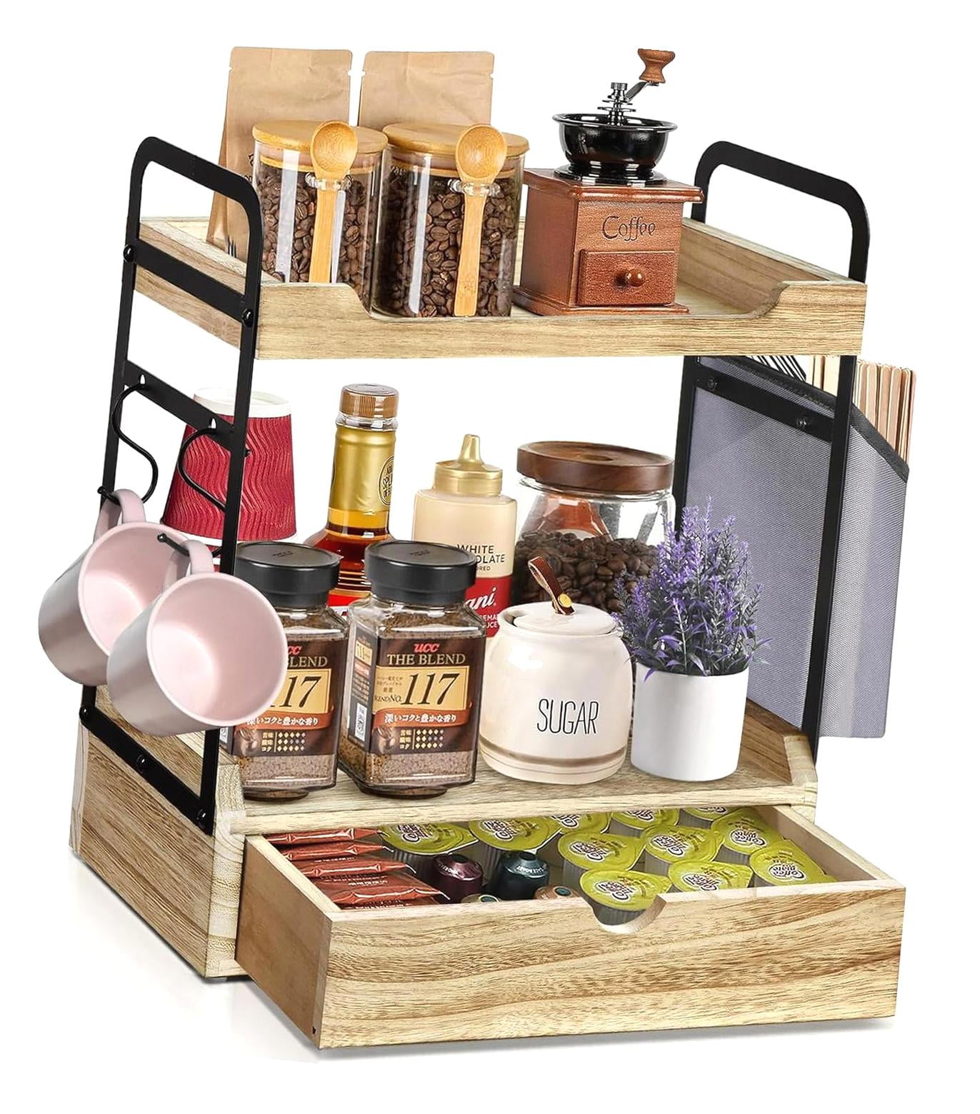 FREEAMG Wooden Coffee Bar Organizer - 2-Tier Station with Pod Holder ...