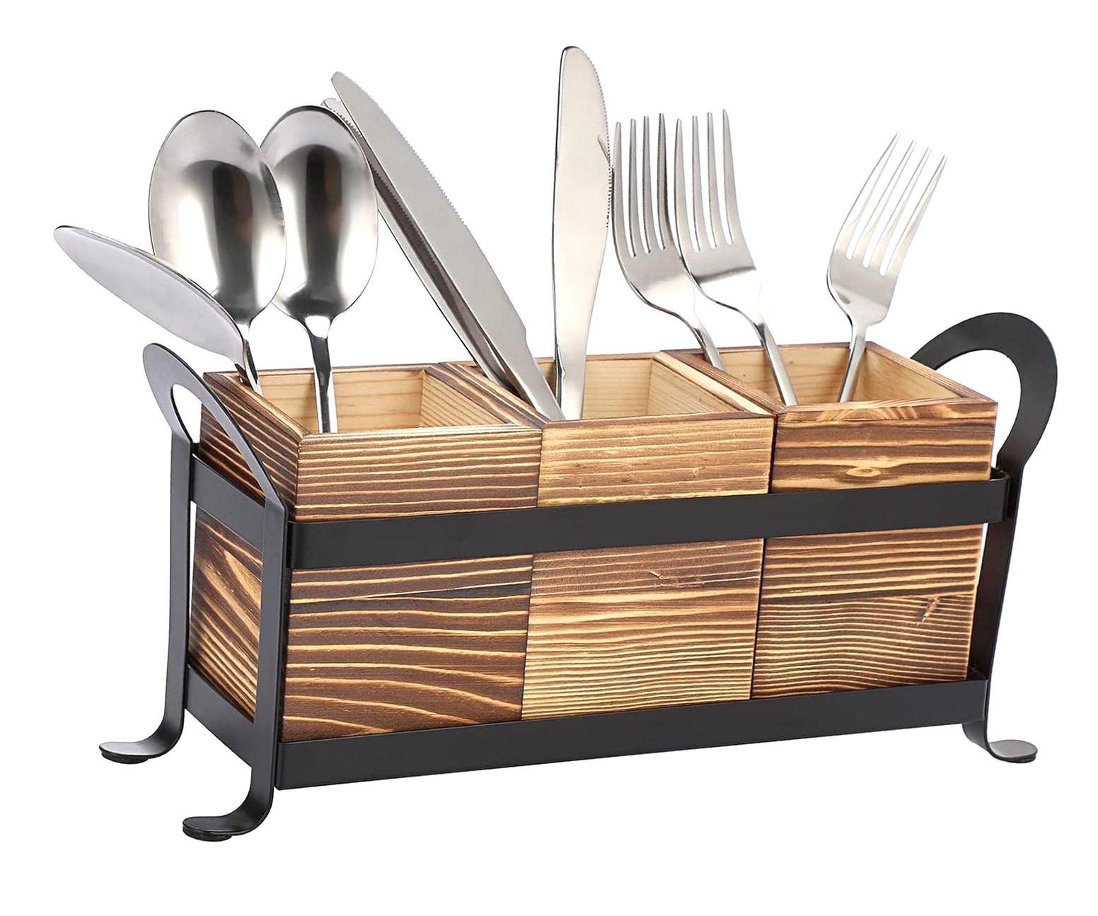 FREEAMG Wooden Utensil Caddy for Gatherings, Cutlery Stand Featuring a ...