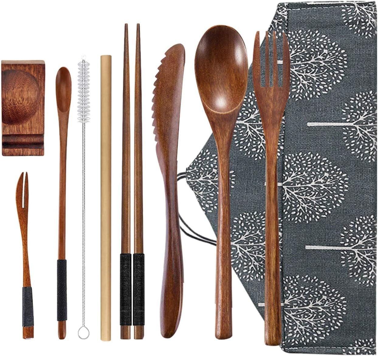 FREEAMG Wooden Utensil Flatware Set Reusable Utensils Travel Cutlery ...