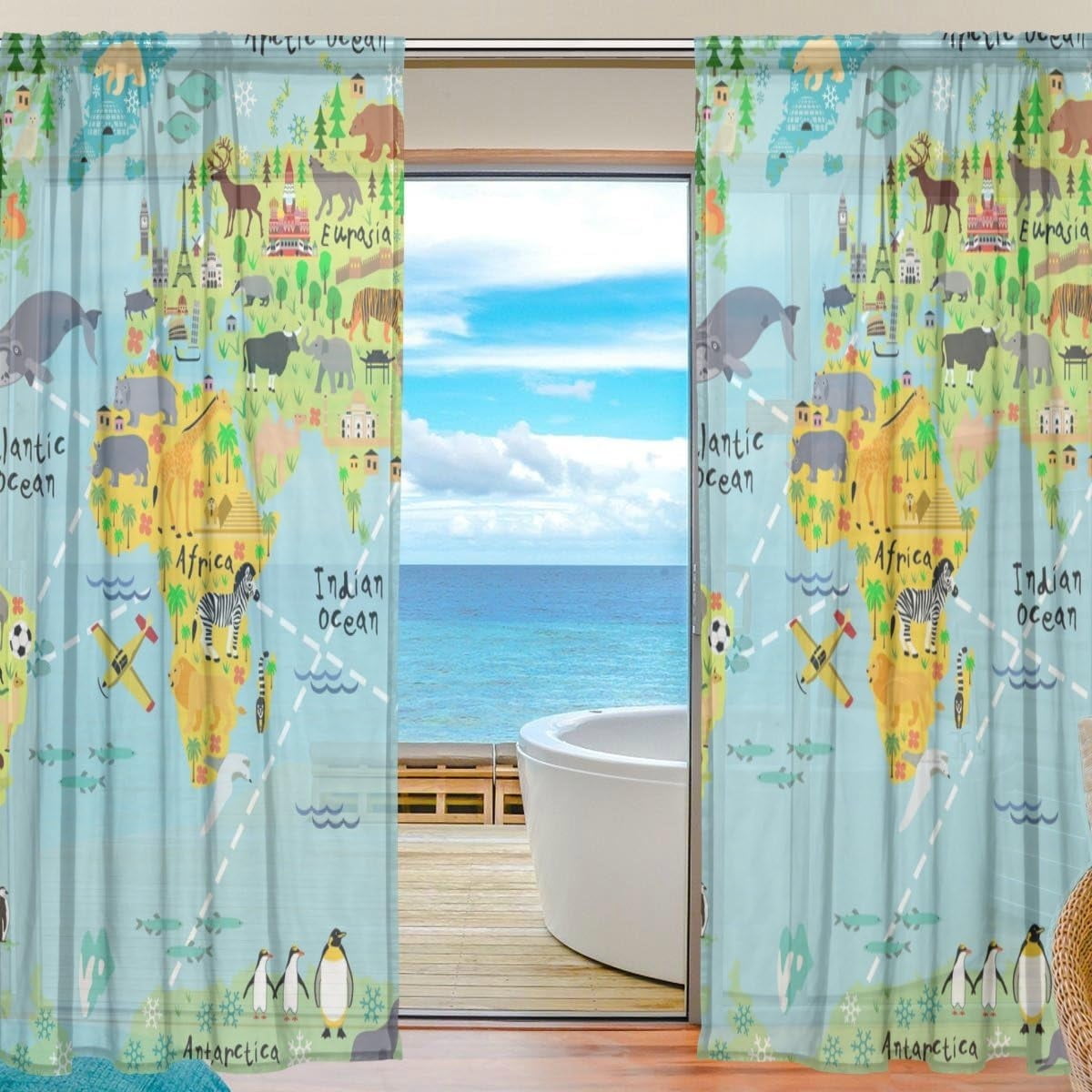 FREEAMG World Map Animal Sheer Window Curtain Panel Drape 55x78 Inch ...
