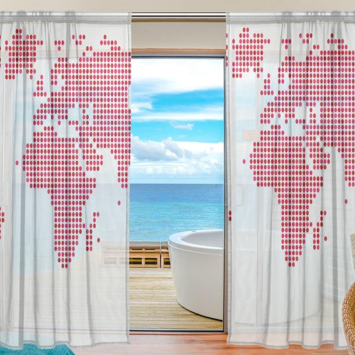 FREEAMG World Map Sheer Window Curtain Panel Drape 55x84 Inch for ...