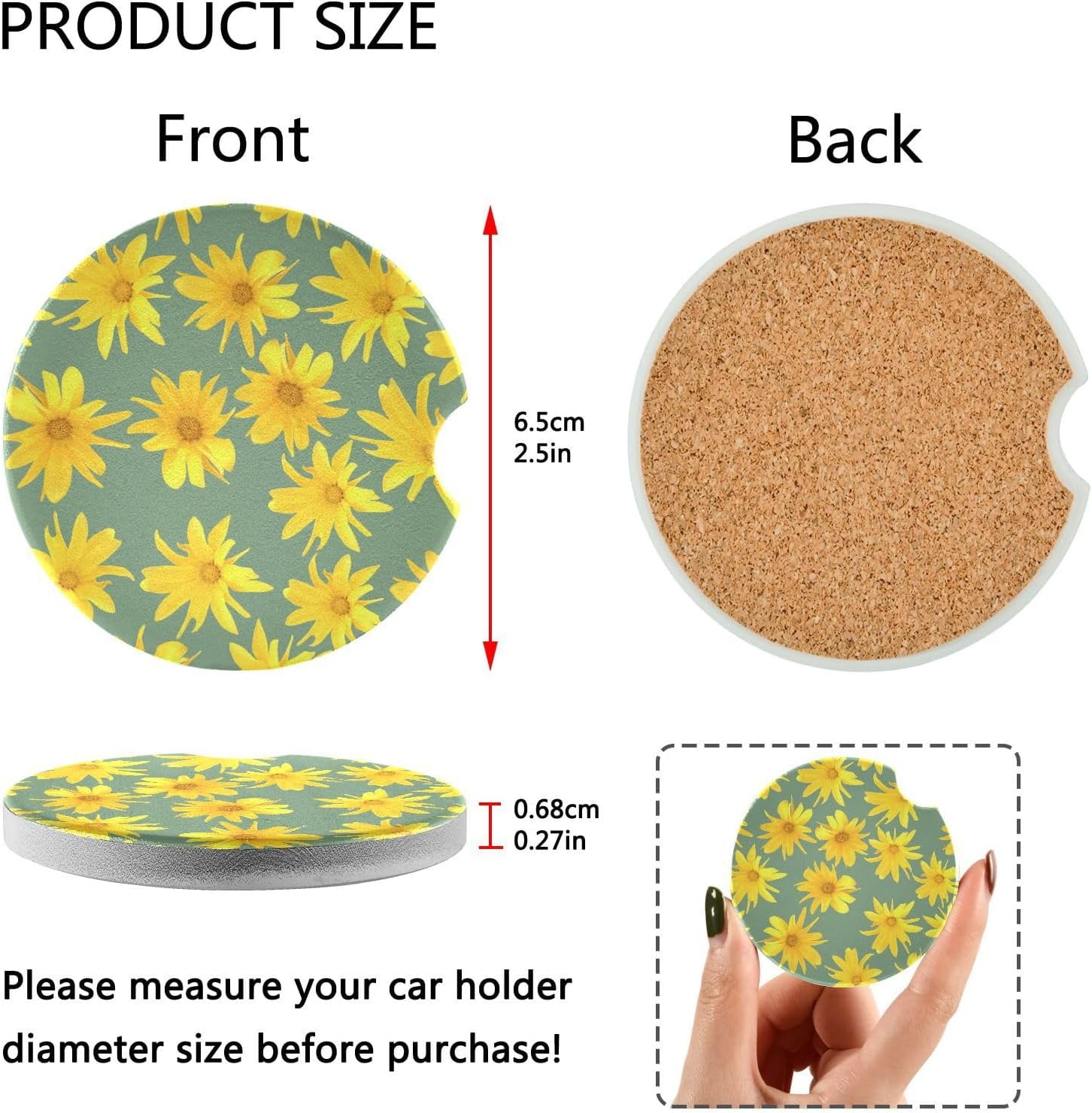 FREEAMG Yellow Daisy Car Coasters 2 PCS Drinks Absorbent Ceramic Stone ...