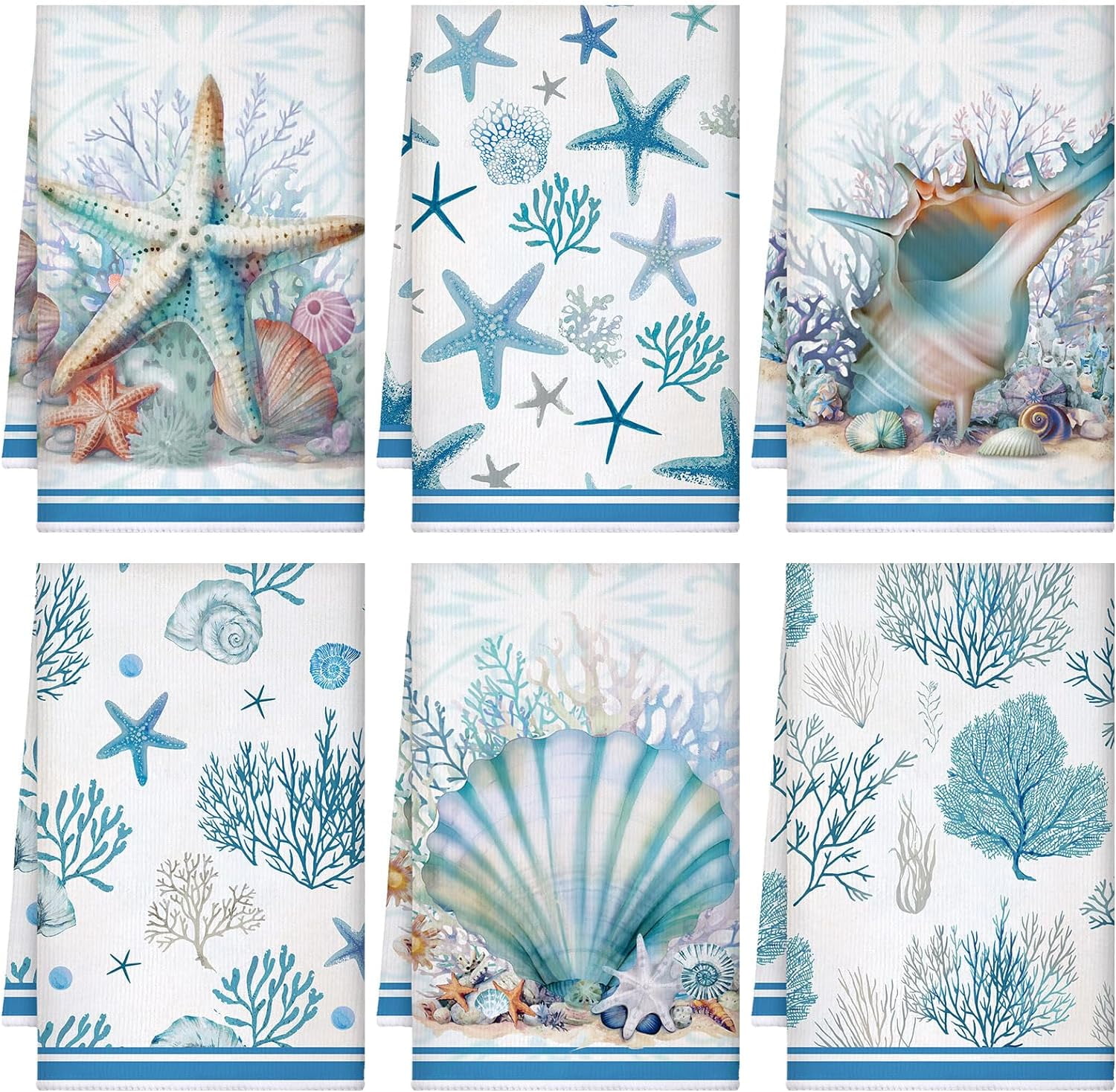 FREEAMG ee Set of 6 Beach Kitchen Towels Coastal Ocean Dish Towels Sea ...