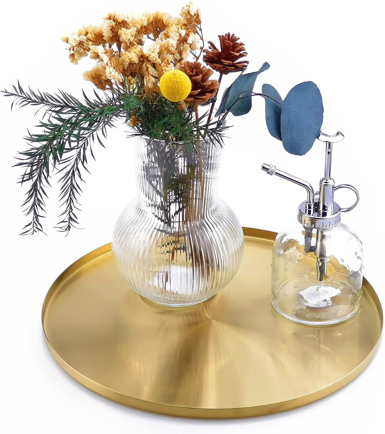 FREELOVE Gold Tray, Round Brass Serving Platter, Bar Circle Decorative ...