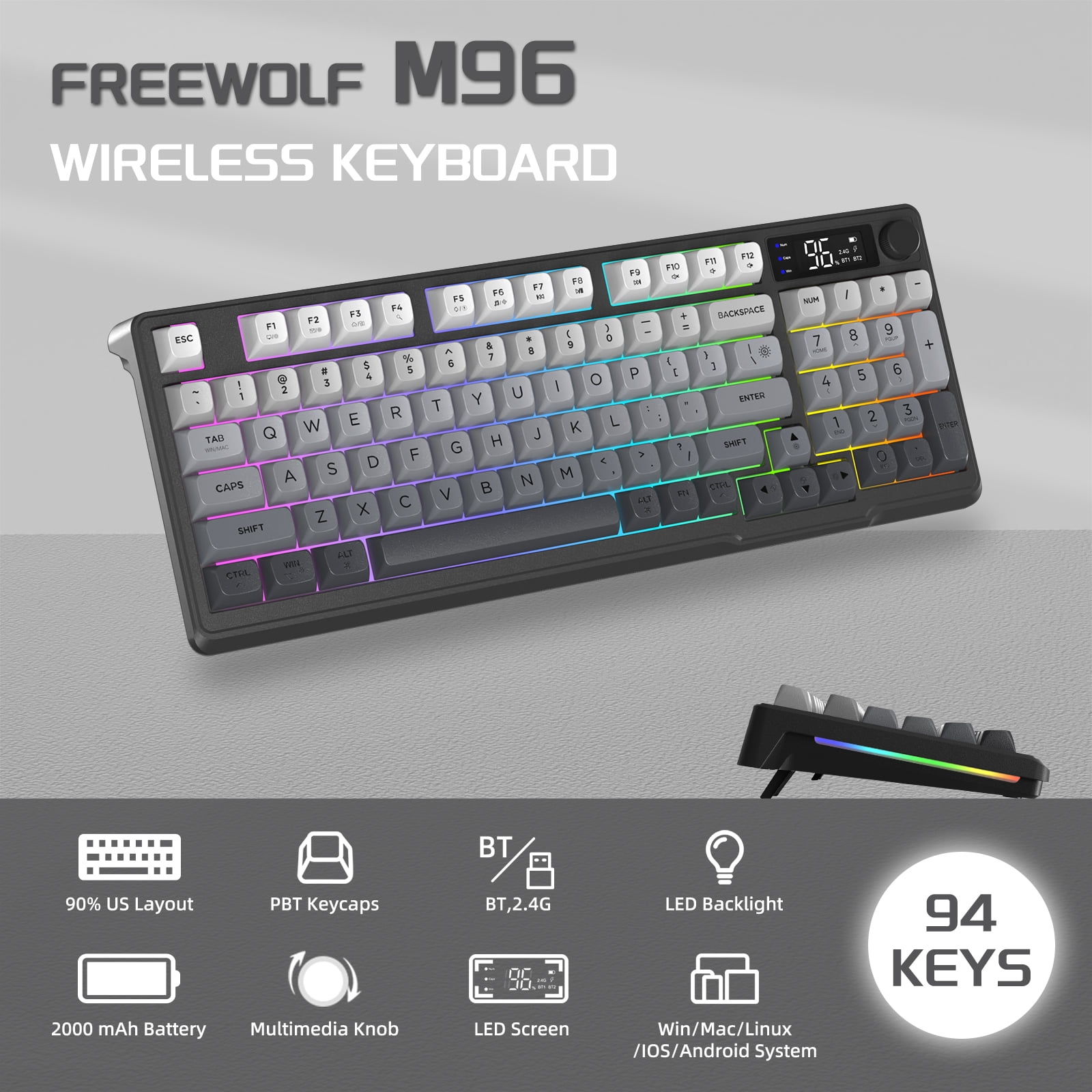 FREEWOLF M96 Wireless Gaming Keyboard Creamy Membrane with Rainbow ...