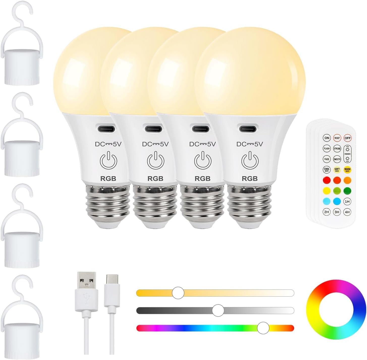 FRIDEKO HOME 4 Pack Rechargeable LED Light Bulbs with 11 RBG Colors & 4 ...