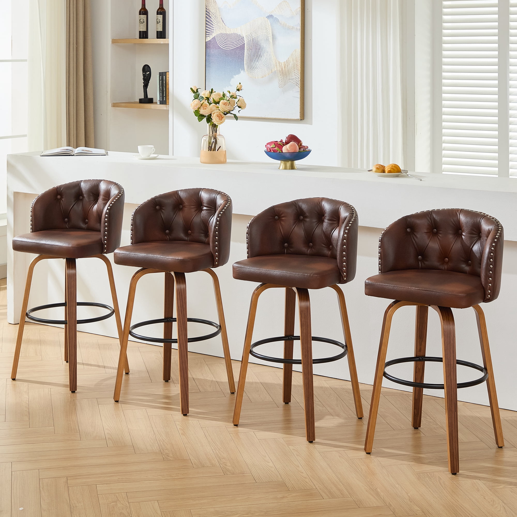 FRMALL 26" Swivel Counter Height Bar Stools Set of 4, Brown Leather ...