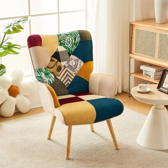 FRMALL Wingback Armchair Patchwork Accent Chair with Wood Legs for ...