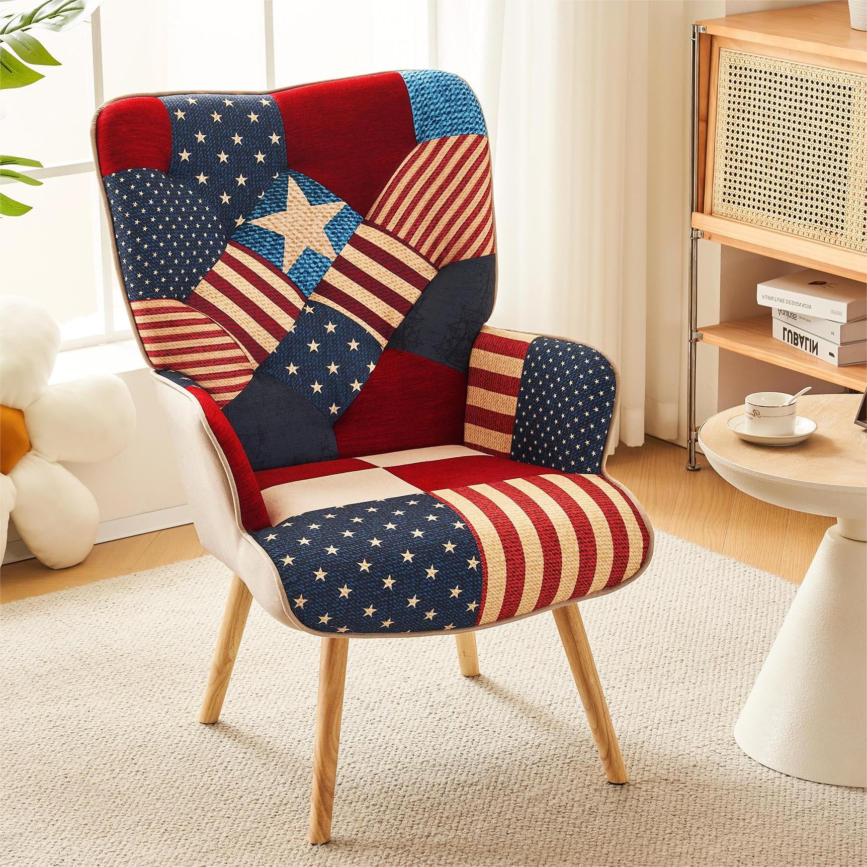 FRMALL Wingback Armchair Patchwork Accent Chair with Wood Legs for ...