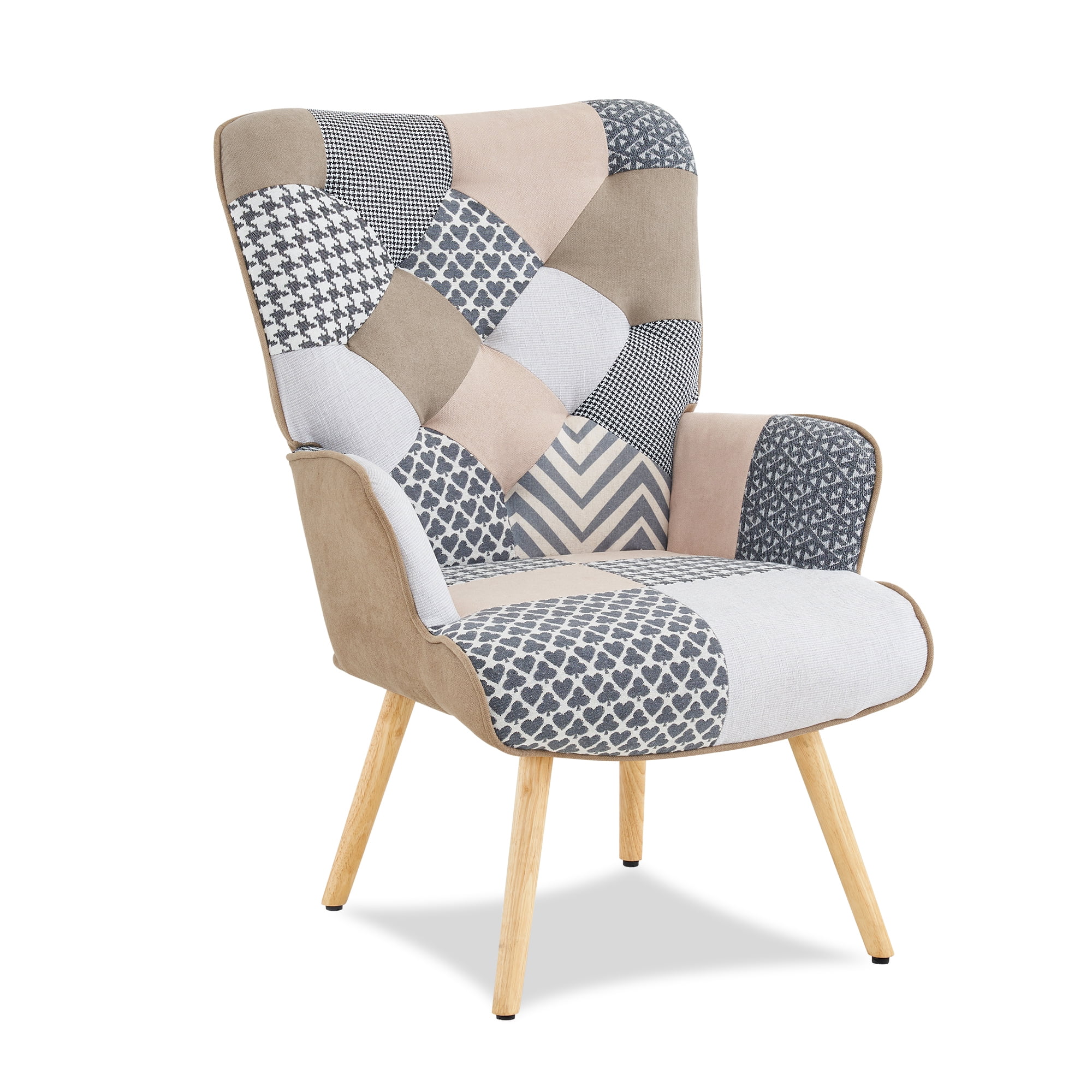 FRMALL Wingback Armchair Patchwork Accent Chair with Wood Legs for ...