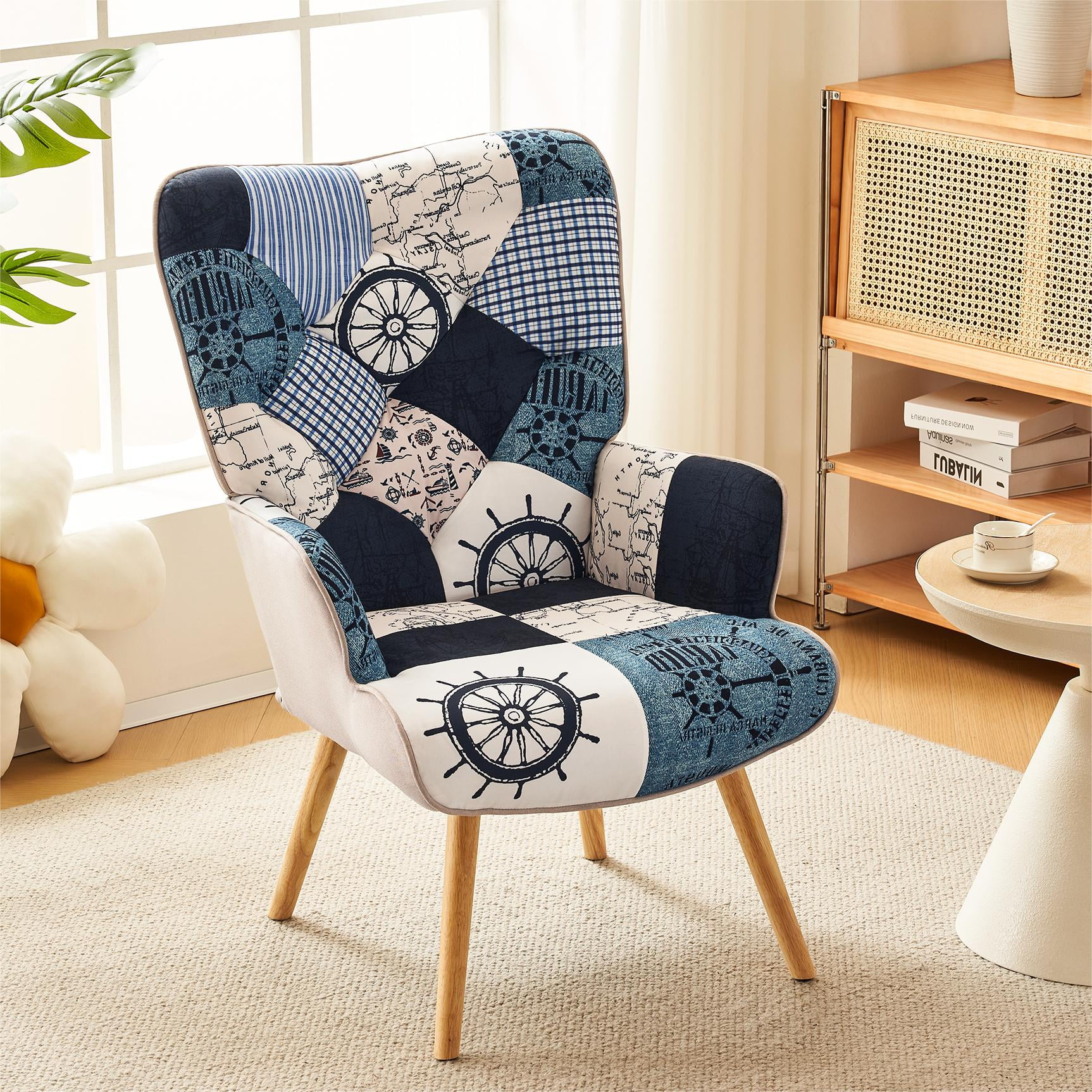 FRMALL Wingback Armchair Patchwork Accent Chair with Wood Legs for ...