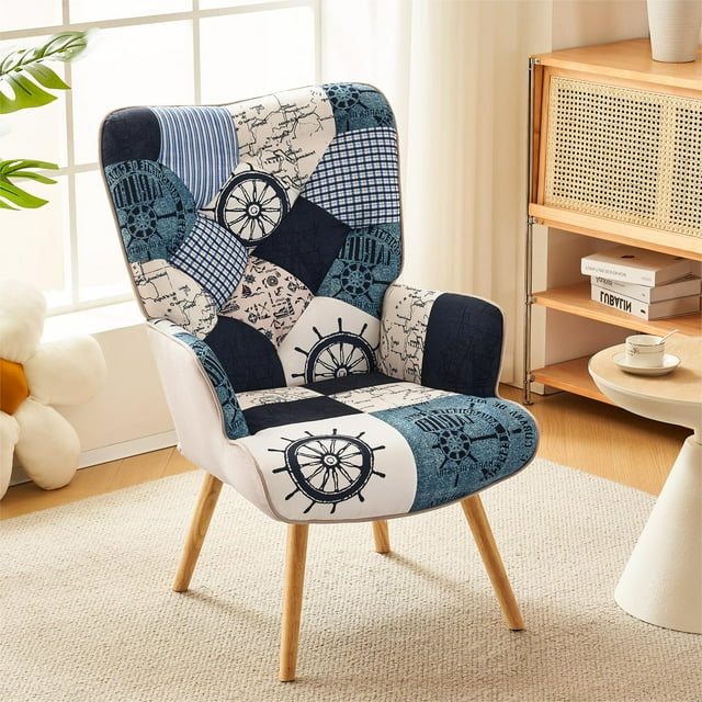 FRMALL Wingback Armchair Patchwork Accent Chair with Wood Legs for ...