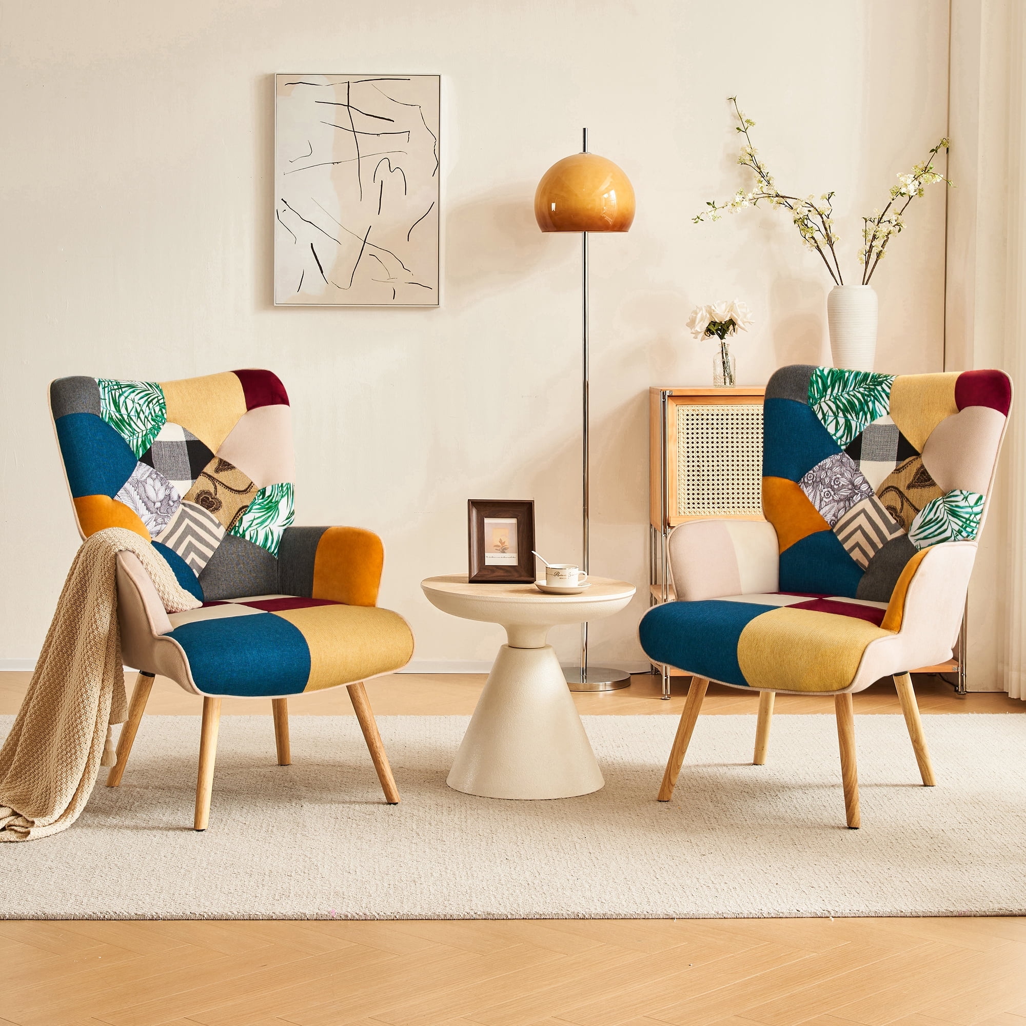 FRMALL Wingback Armchairs Patchwork Accent Chair Set of 2 with Wood ...