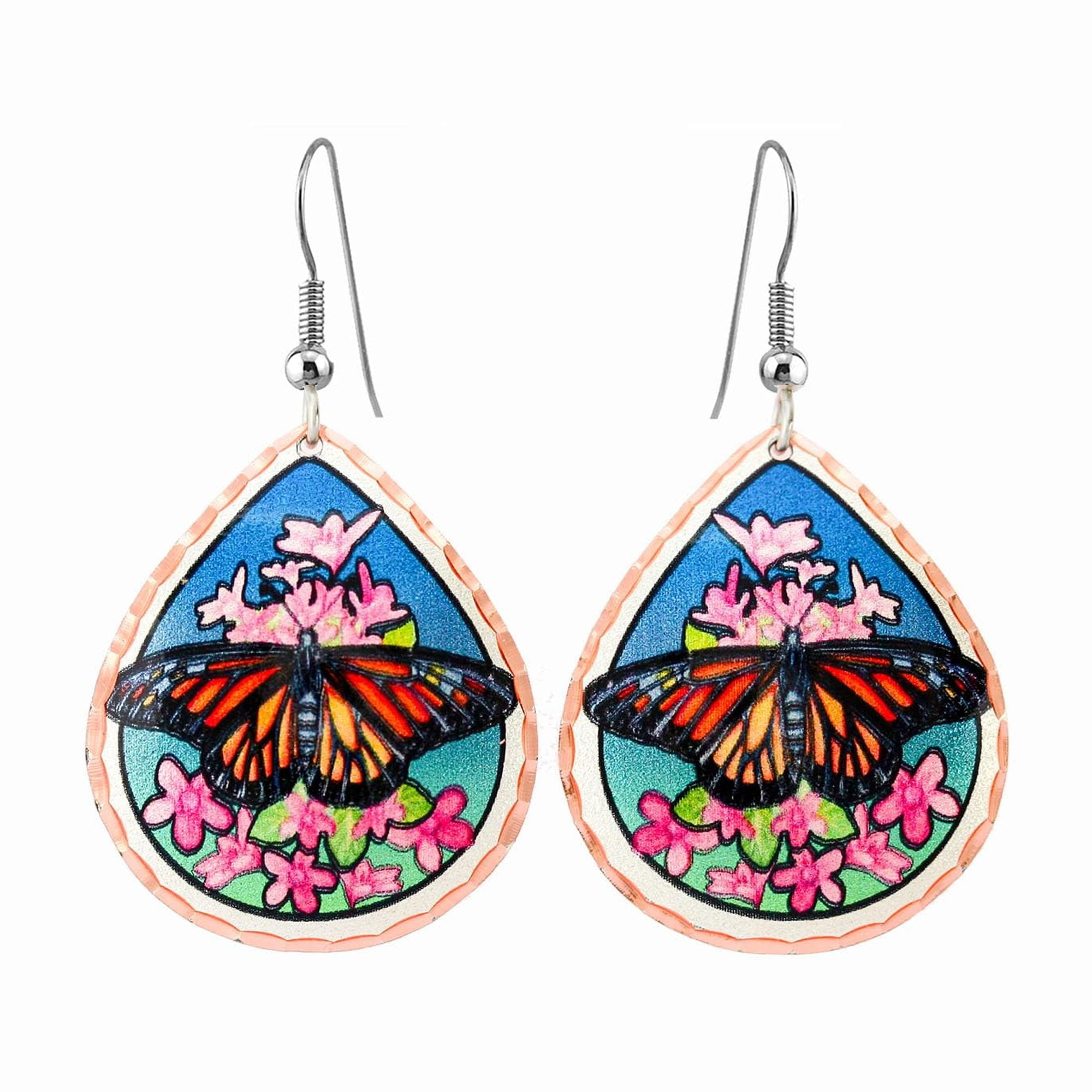 FRONT LINE JEWELRY Monarch Butterfly Earrings for Women, Teardrop Copper Earrings, Blue Backdrop ...
