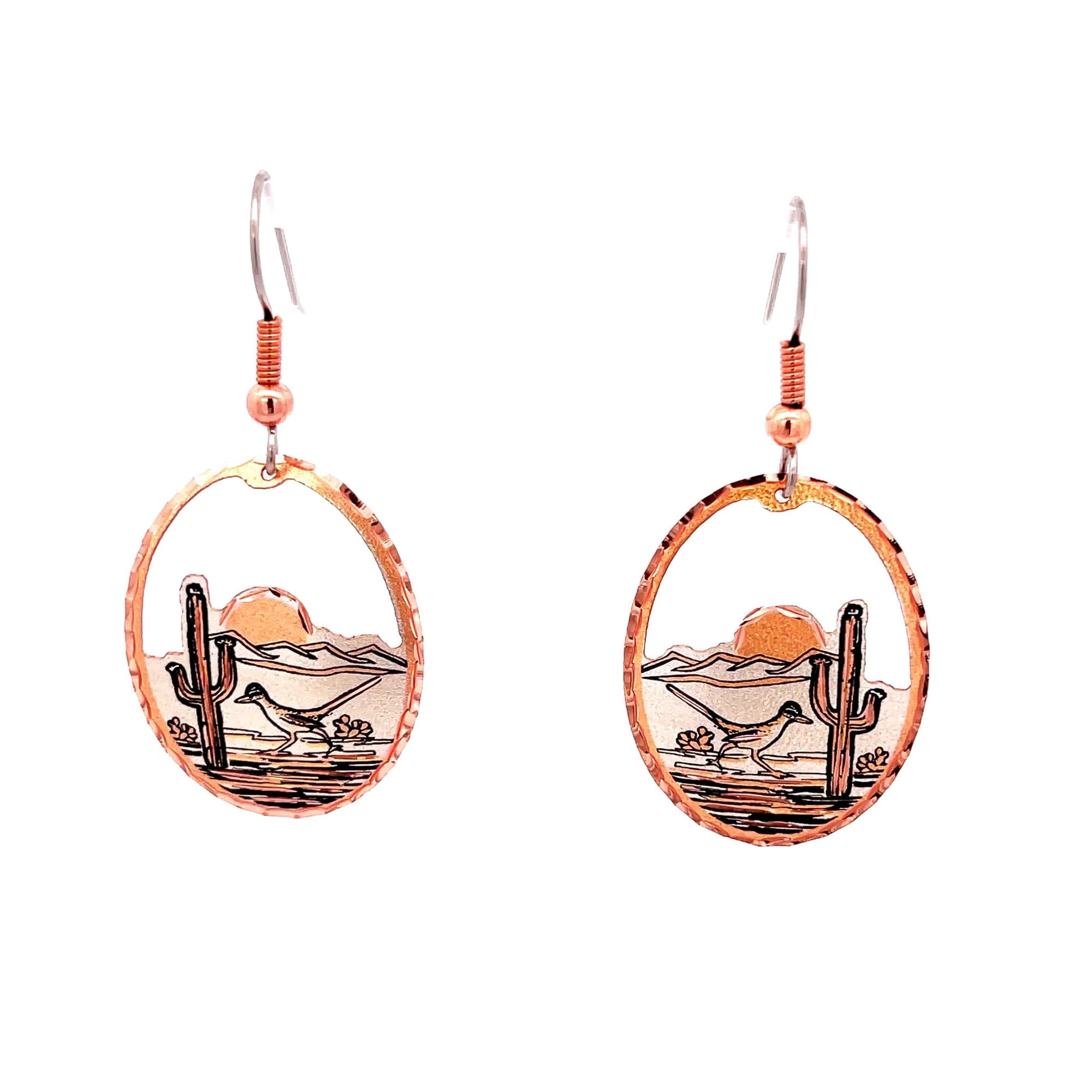 Handcrafted Copper Roadrunner Earrings with Desert Cactus Scene ...