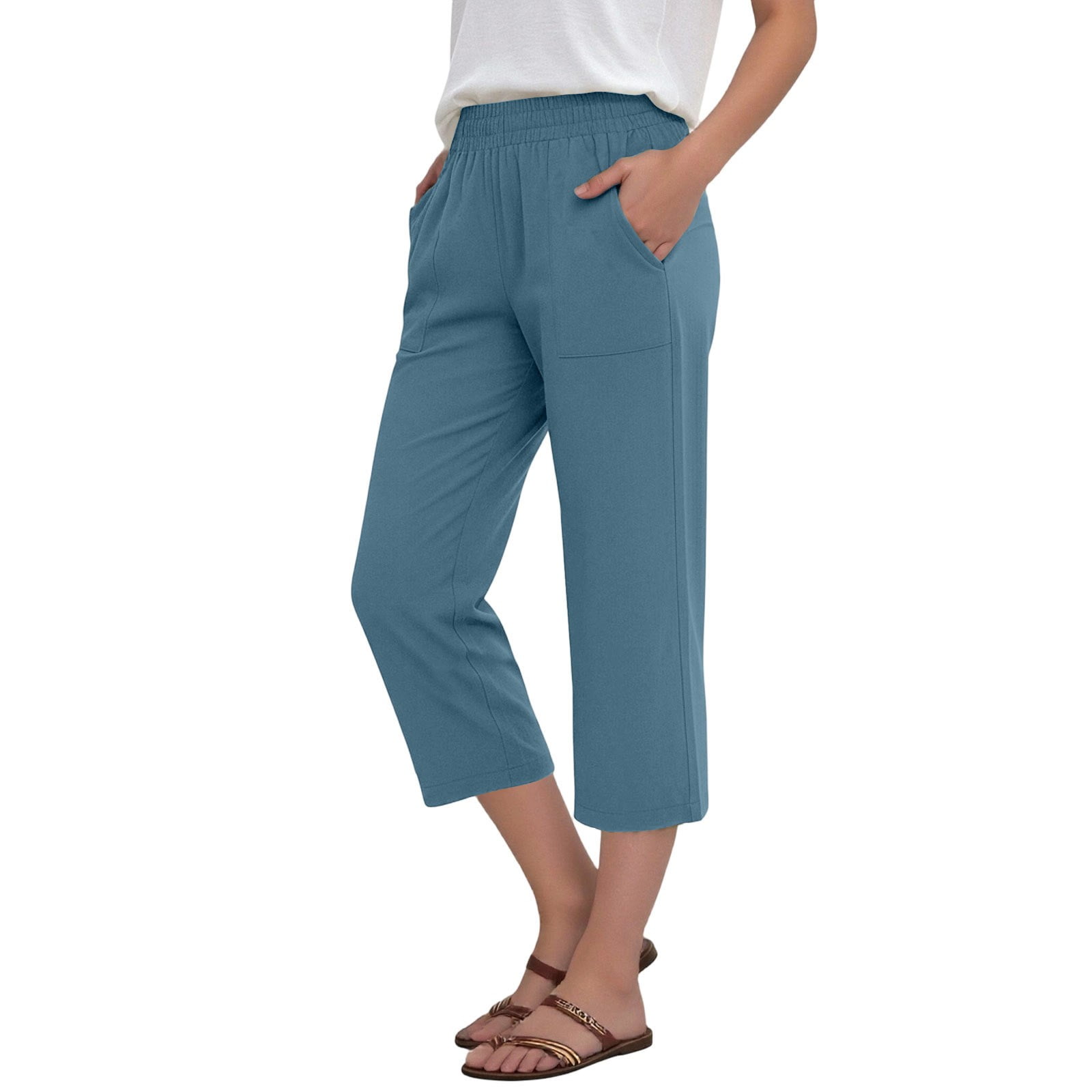FRSASU Capris for Women Casual Summer Loose Comfy Elastic Waist Wide ...