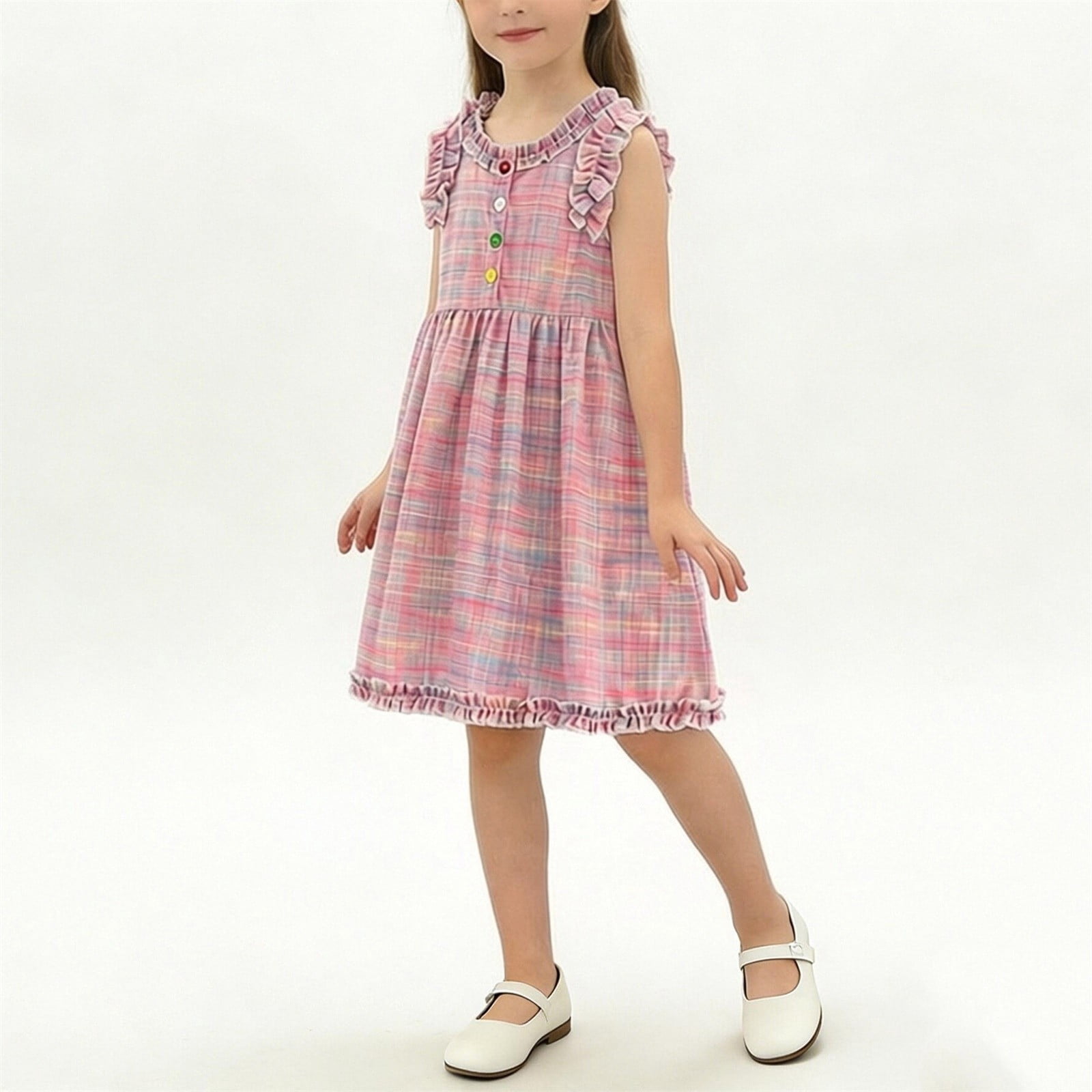 FRSASU Girl's Summer Plaid Lace Round Neck Lace Ruffle Sleeve Pleated ...