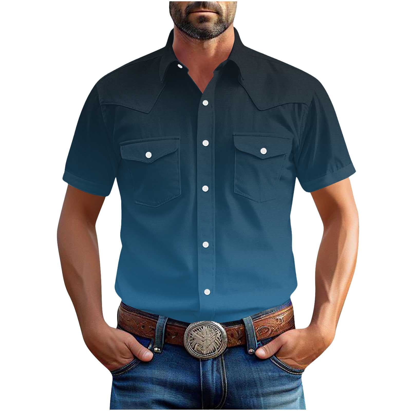 FRSASU Men Retro Gradient Shirts Lapel Short Sleeve Button Casual Blouses with Pocket Navy ...