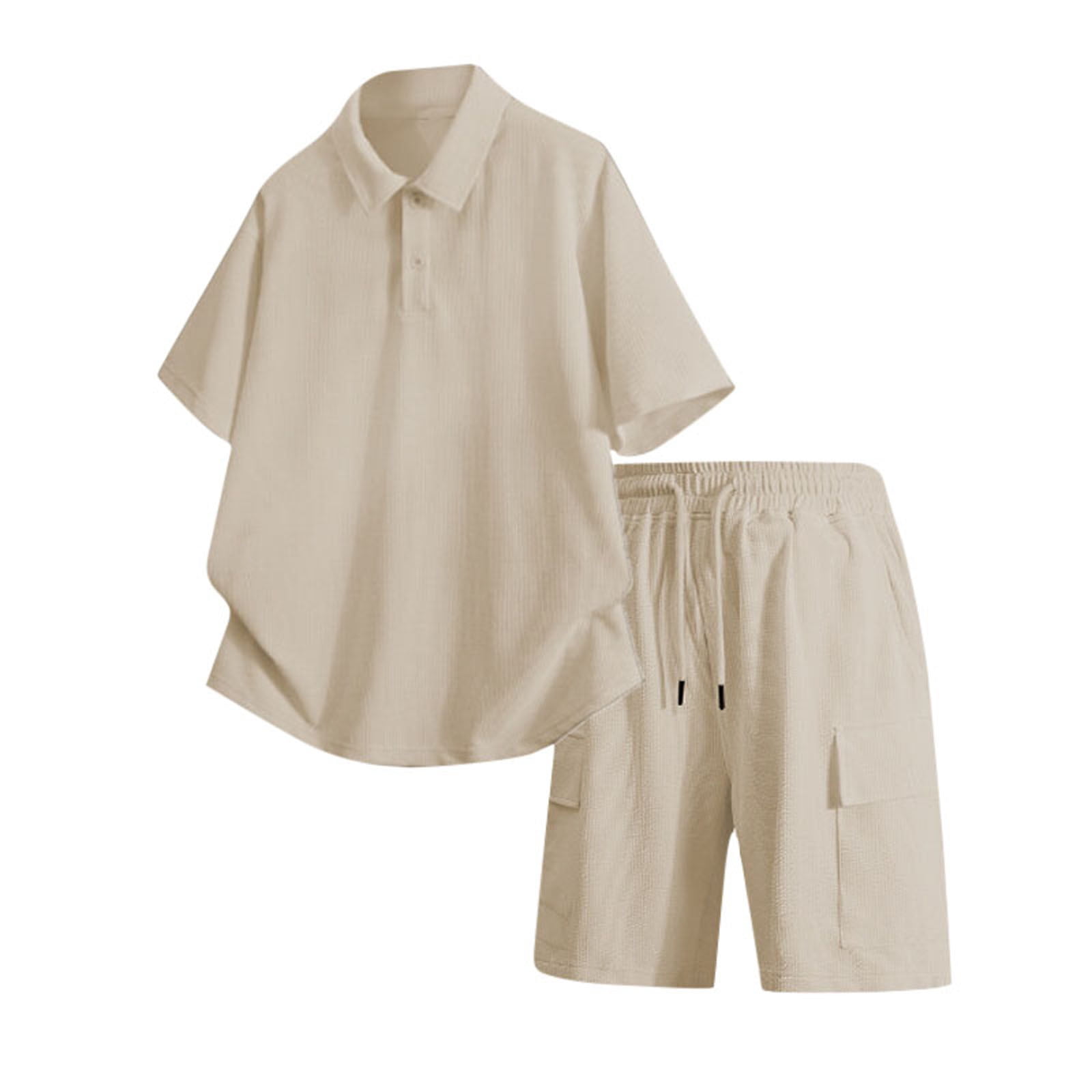 FRSASU Men's 1/4 Button Polo Shirt and Shorts Set Soild Color Geometric ...