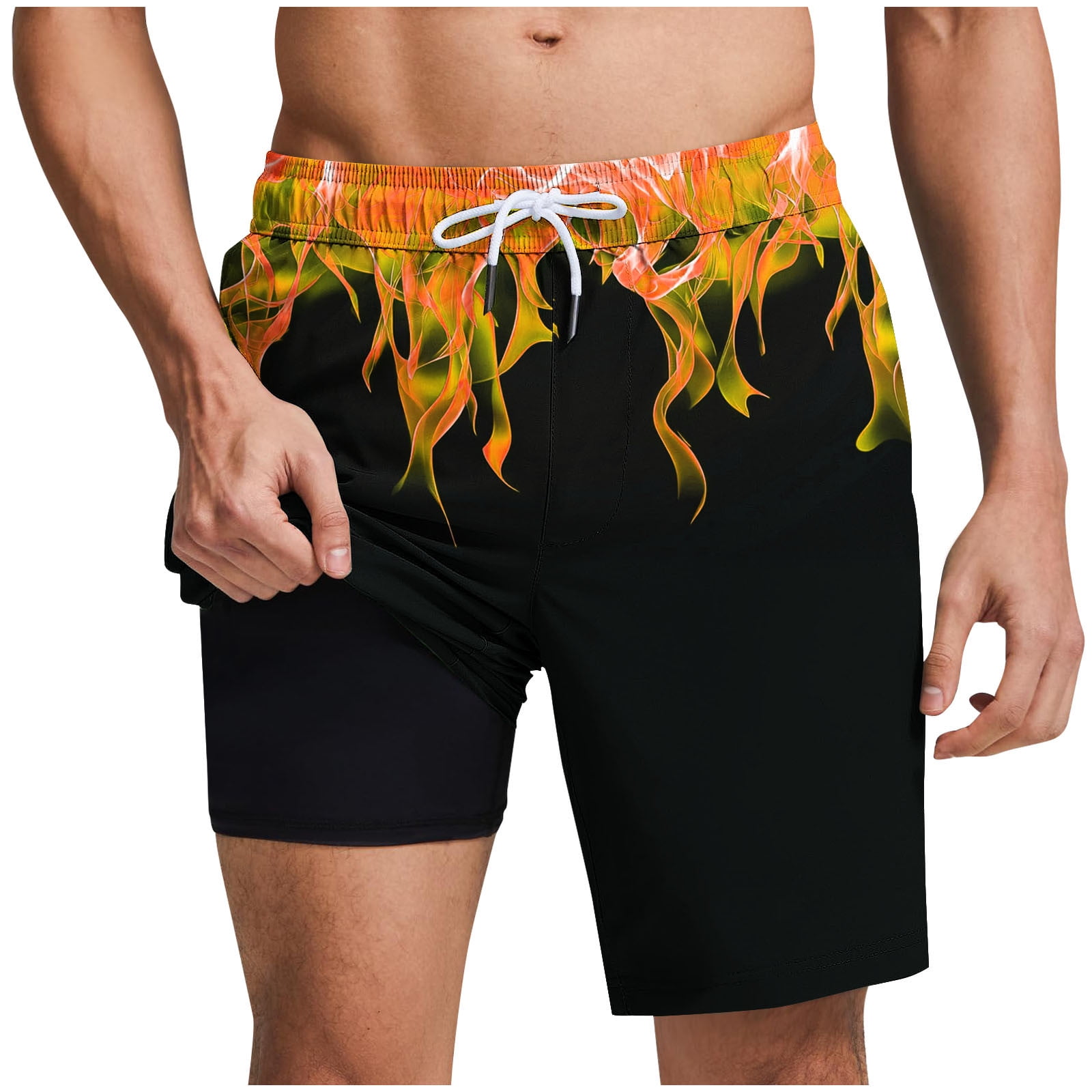 FRSASU Men's 2 in 1 Running Shorts with Liner Shorts Flames Graphic ...