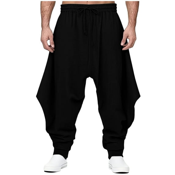 FRSASU Men's Cotton Linen Harem Pants Loose Stretchy Waist Casual ...