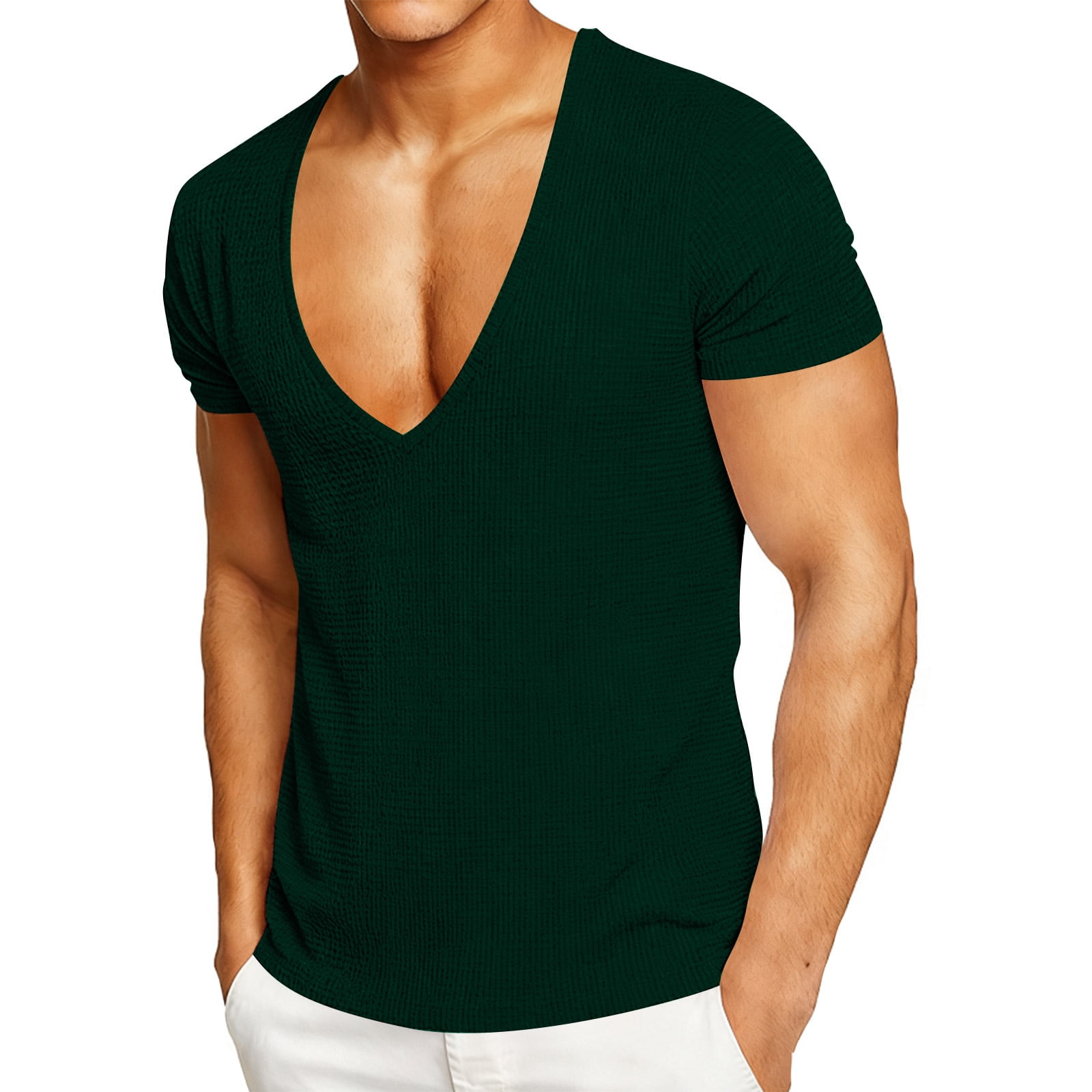 FRSASU Men's Deep V Neck Waffle Knit Shirt Casual Short Sleeve Solid ...